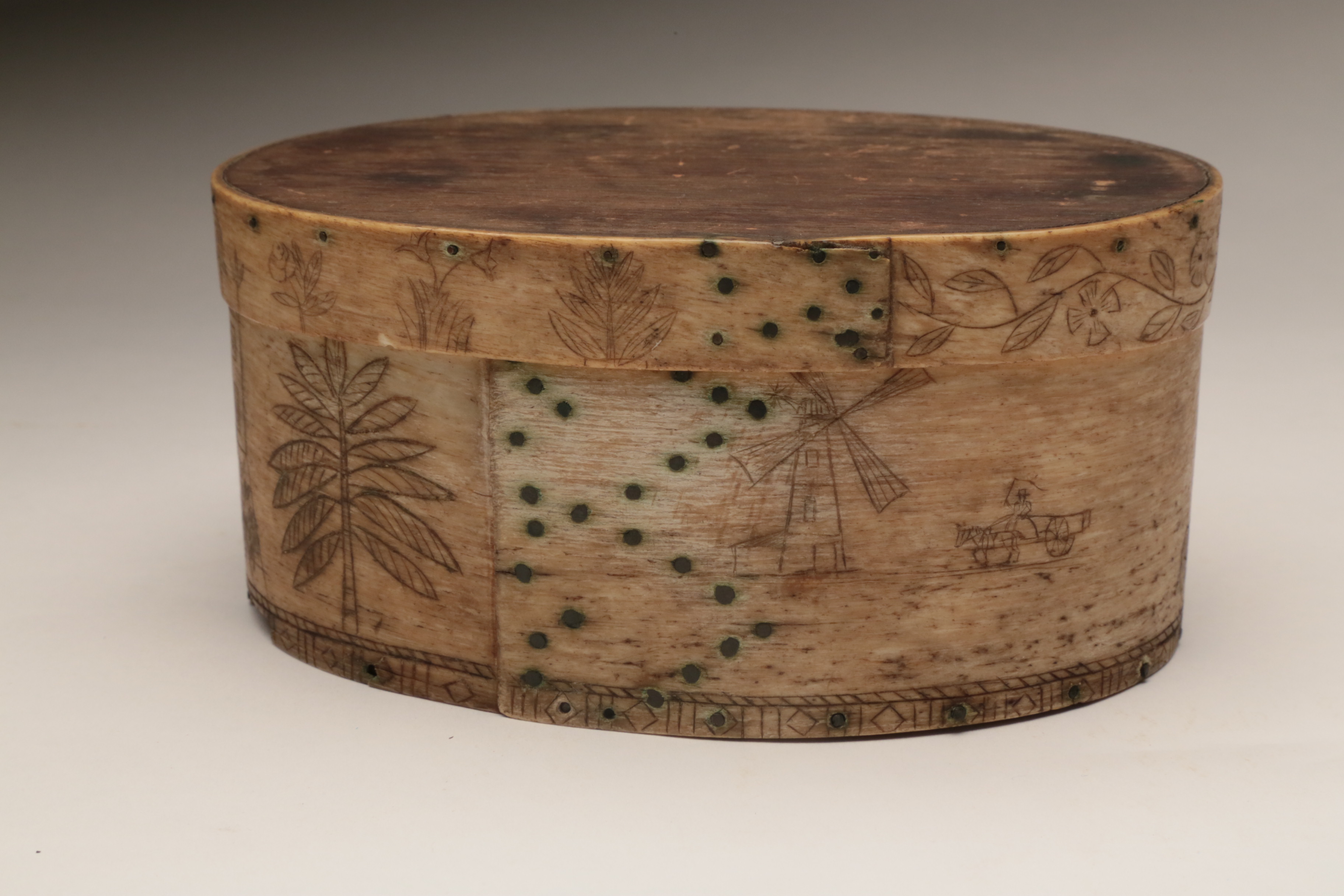Scrimshaw - Sailor Made Scrimshaw Oval Panbone Ditty Box, circa 1830 ...
