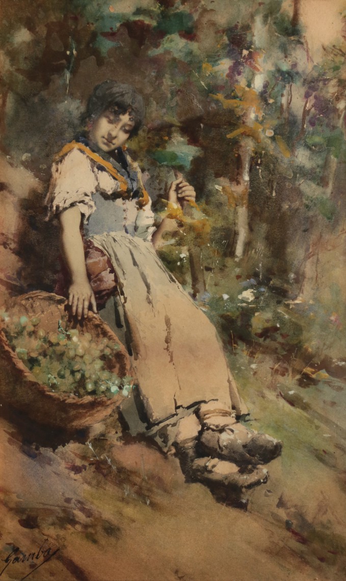 Watercolor - Enrico Gamba Watercolor on Paper "The Grape Picker ...