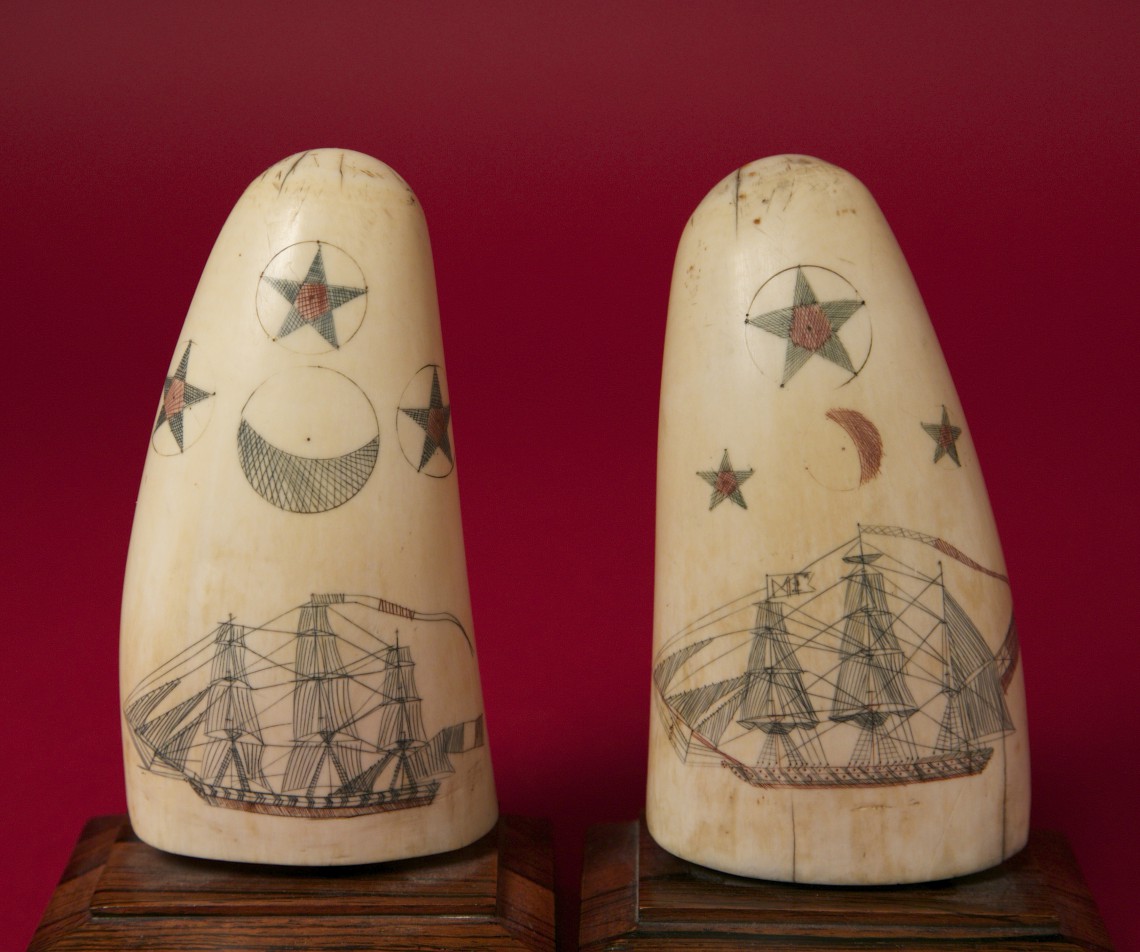 Scrimshaw - 19th Century Pair of Sailor Scrimshaw Polychrome Sperm ...