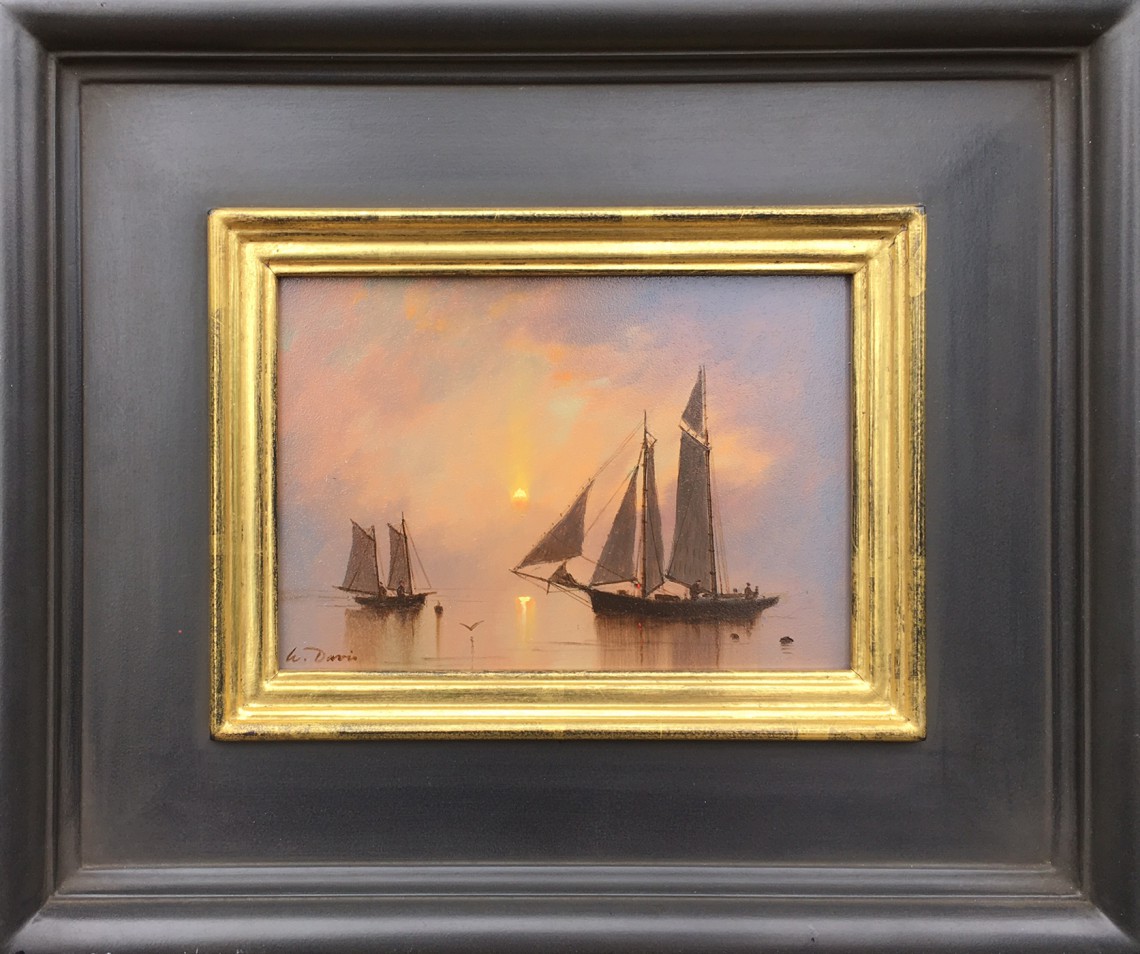 William R. Davis - William R. Davis "Fishermen at Sunset" Oil on Board ...
