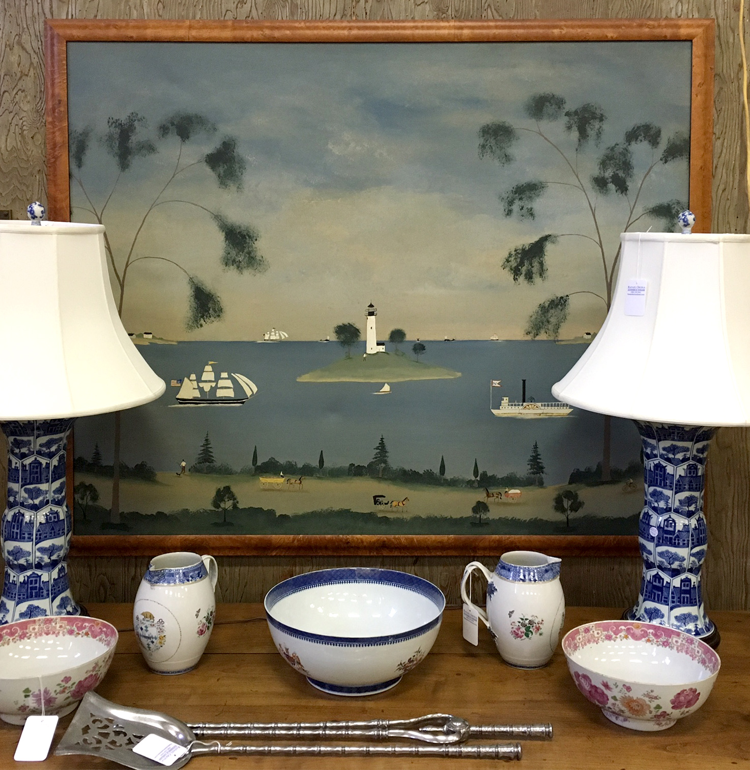 Charlie Munro - Charlie Munro Folk Art Oil on Canvas "Busy Harbor Scene ...