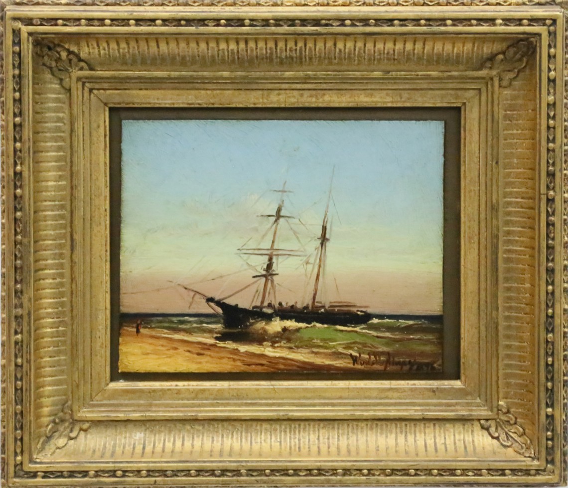 Wendell Macy - Wendell Macy Oil on Wood Panel “Beached Schooner on the ...