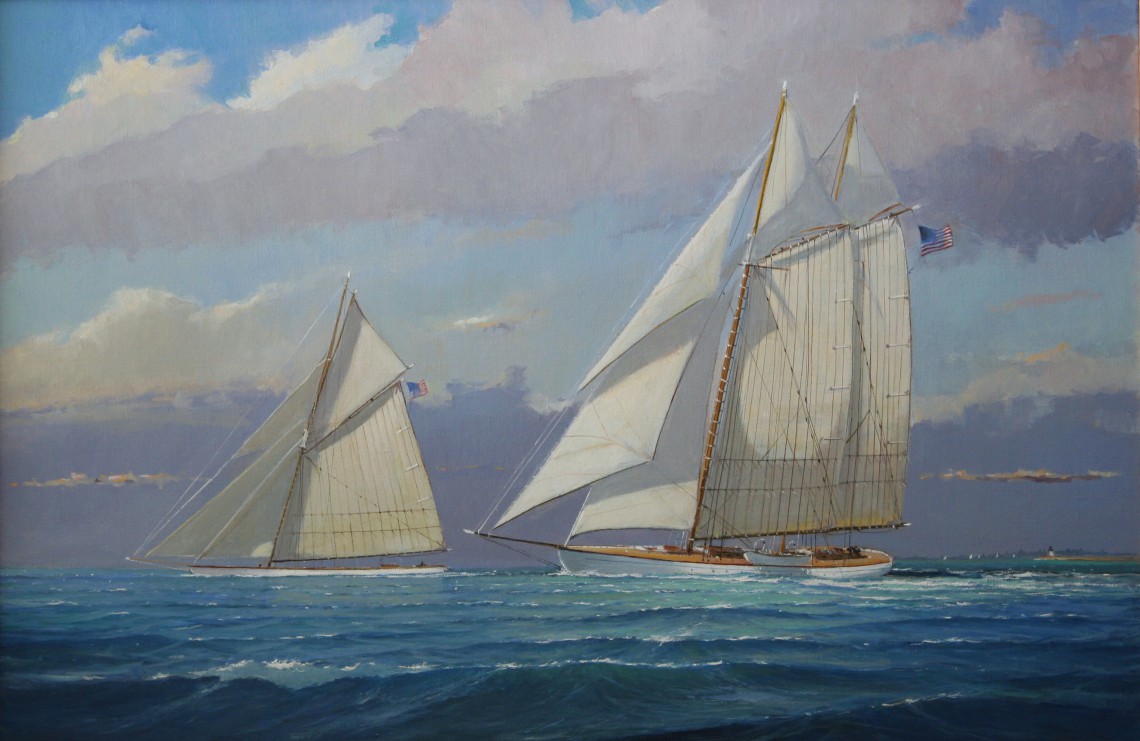 William W. Lowe - William W. Lowe Oil on Linen "Schooner Off Brant ...
