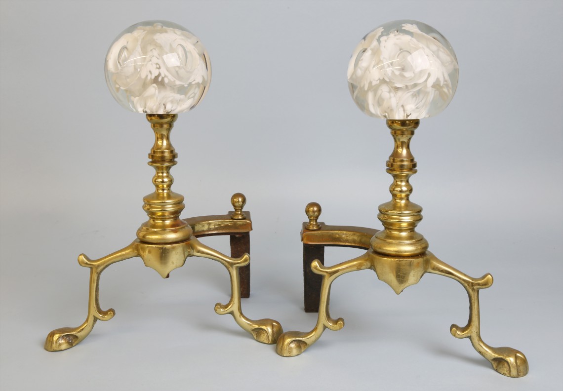 Andirons - Pair of Multi-Turned Brass and Hand-Crafted Glass Ball Top ...