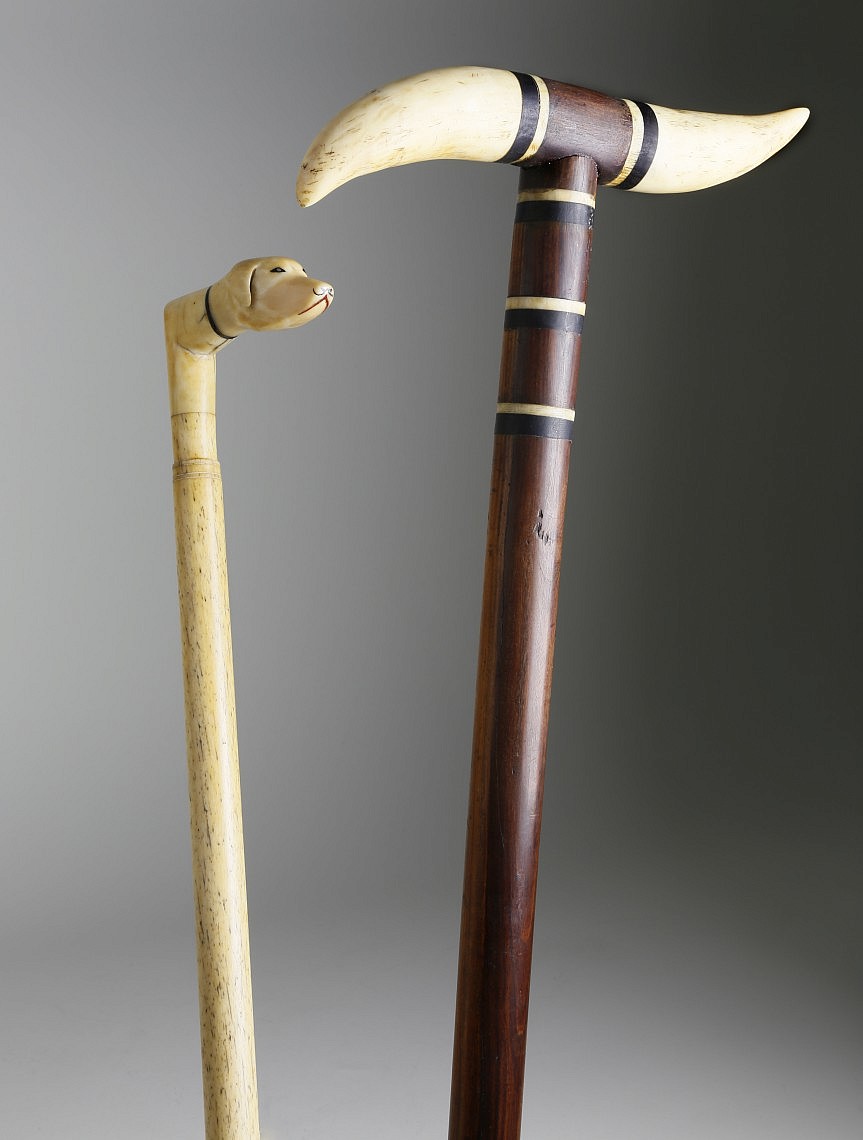 Cane - Whale Ivory and Whalebone Dog’s Head Cane, Whaleman Carved Twin ...