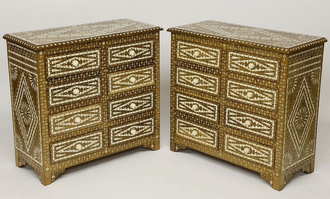 Teak Chest of Drawers - Pair of Elaborated Bone Inlaid and Studded Teak ...