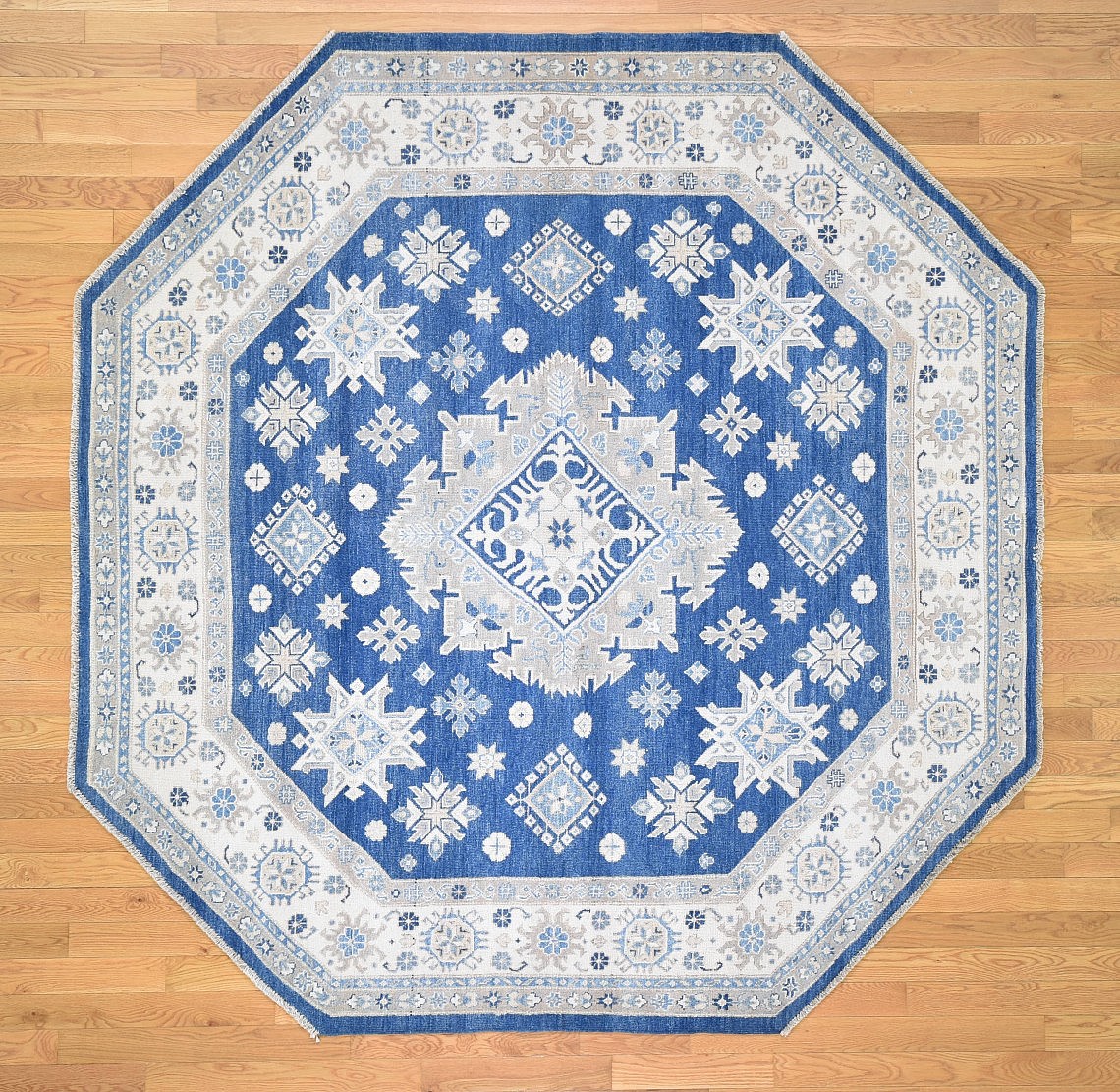 Kazak Octagonal Rug - Hand Woven Blue and Ivory Kazak Octagonal Rug ...