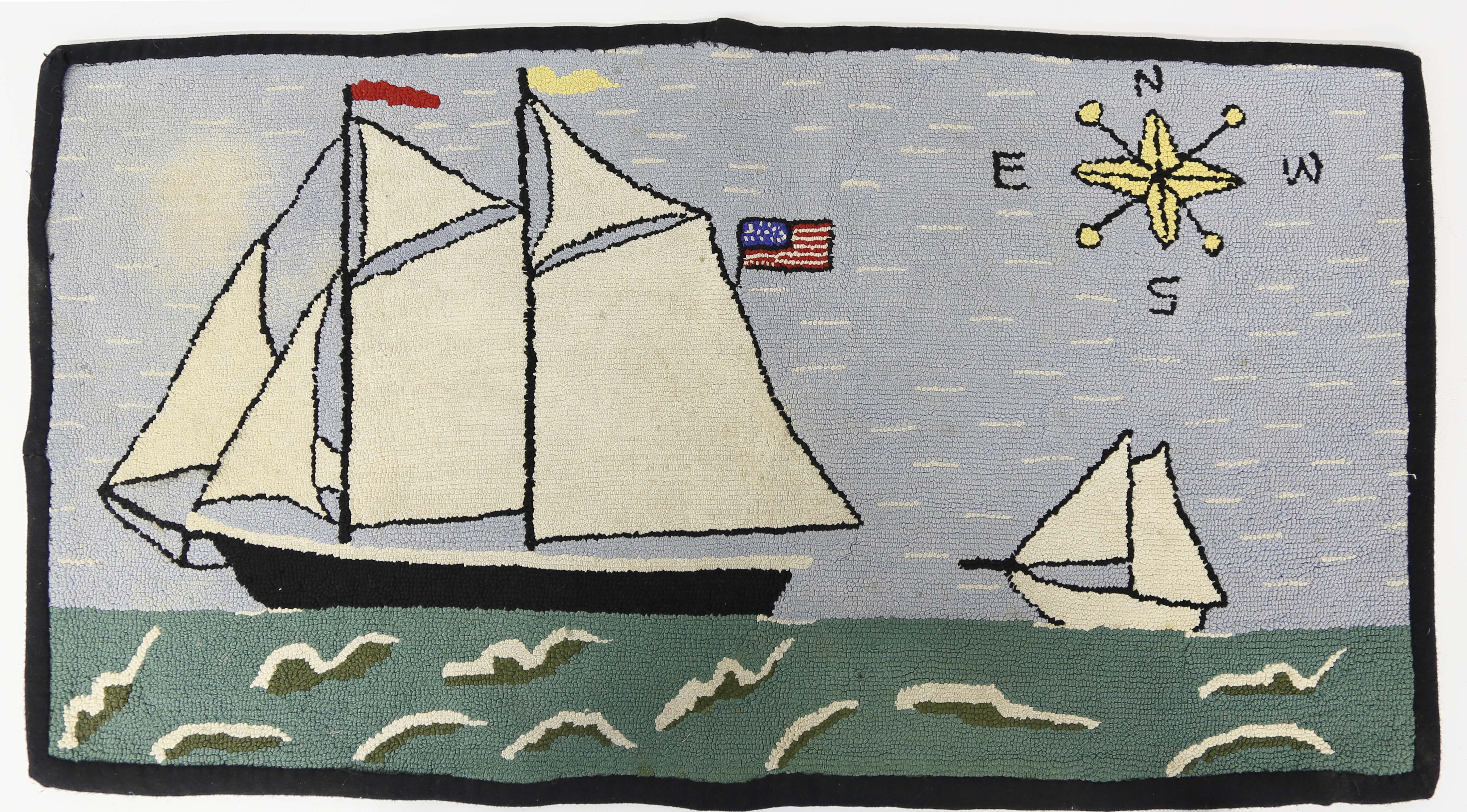 Sailboat Hooked rug - Vintage Schooner and Sailboat Hooked Rug - Rafael ...