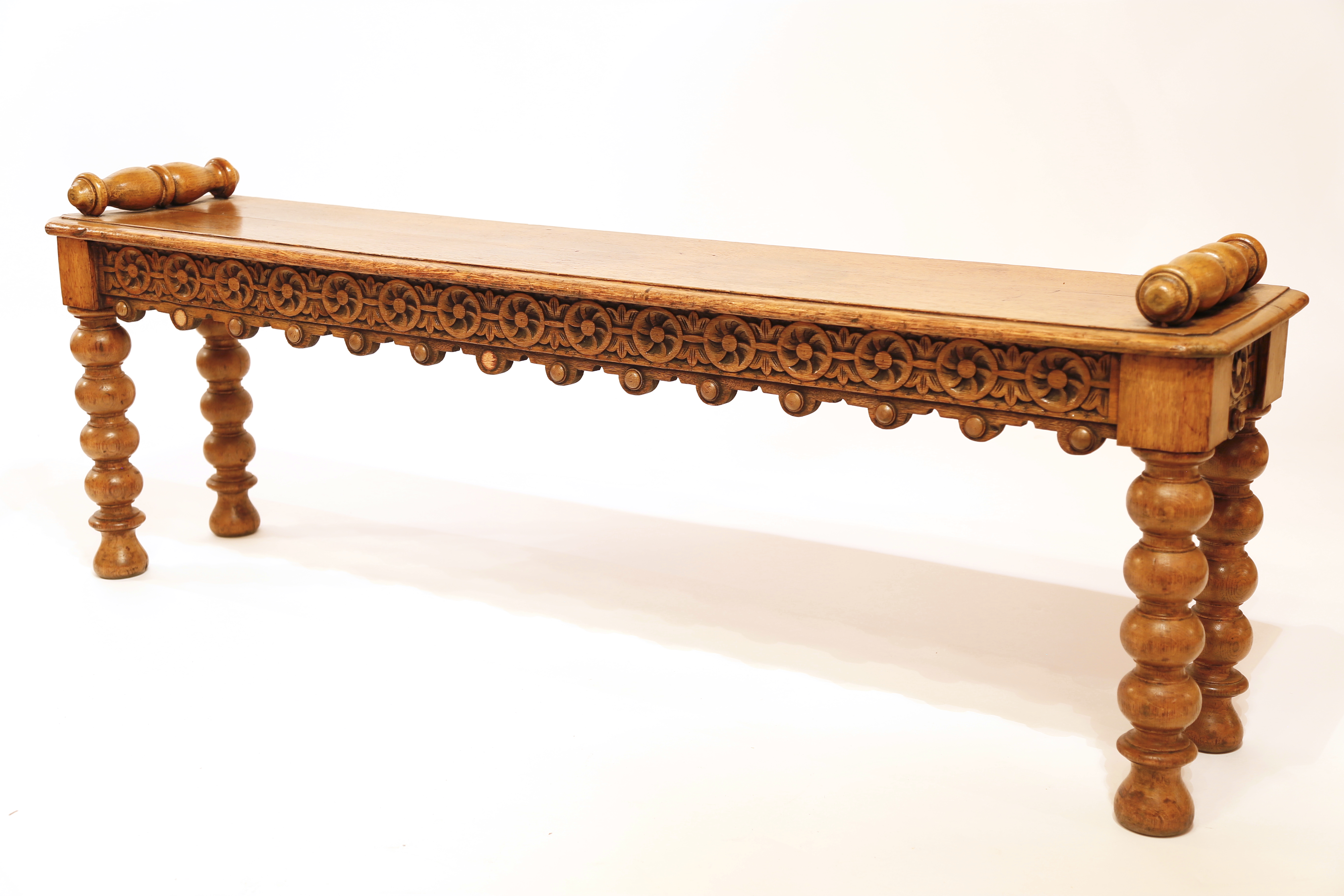 Bench - 19th Century English Oak Spool Leg Bench with Yellow Seat ...