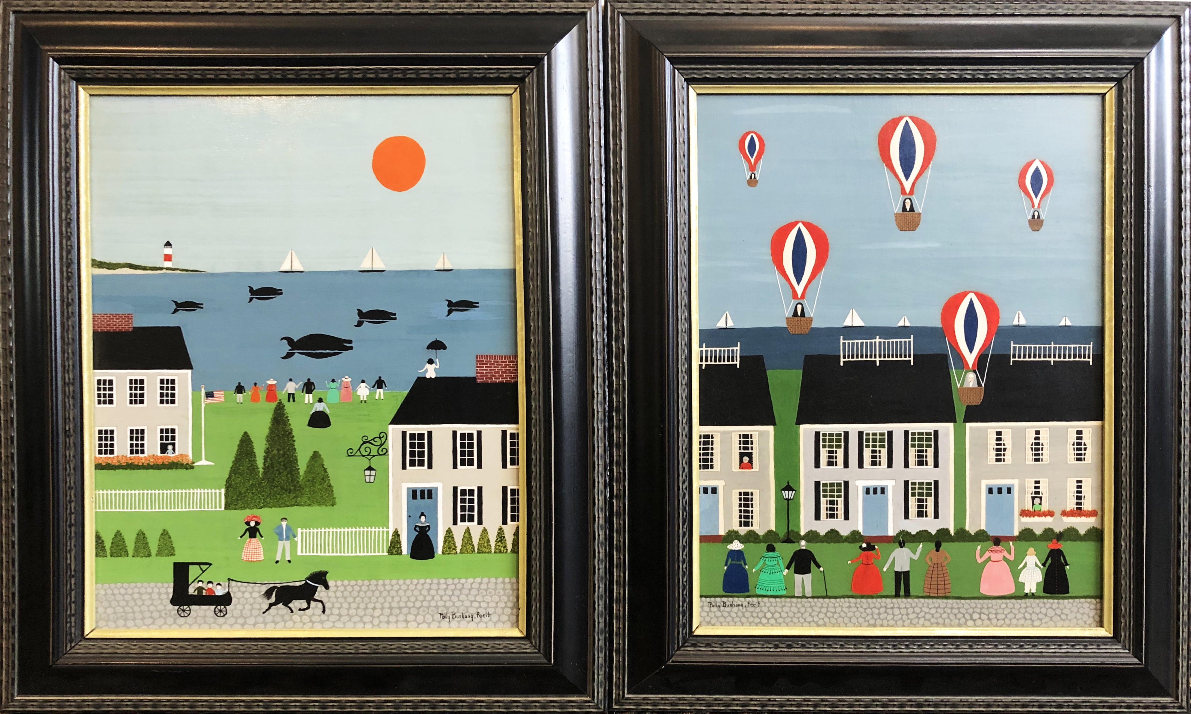 - Pair of Polly Bushong Folk Art Oils on Panel "Whale Watching" and ...