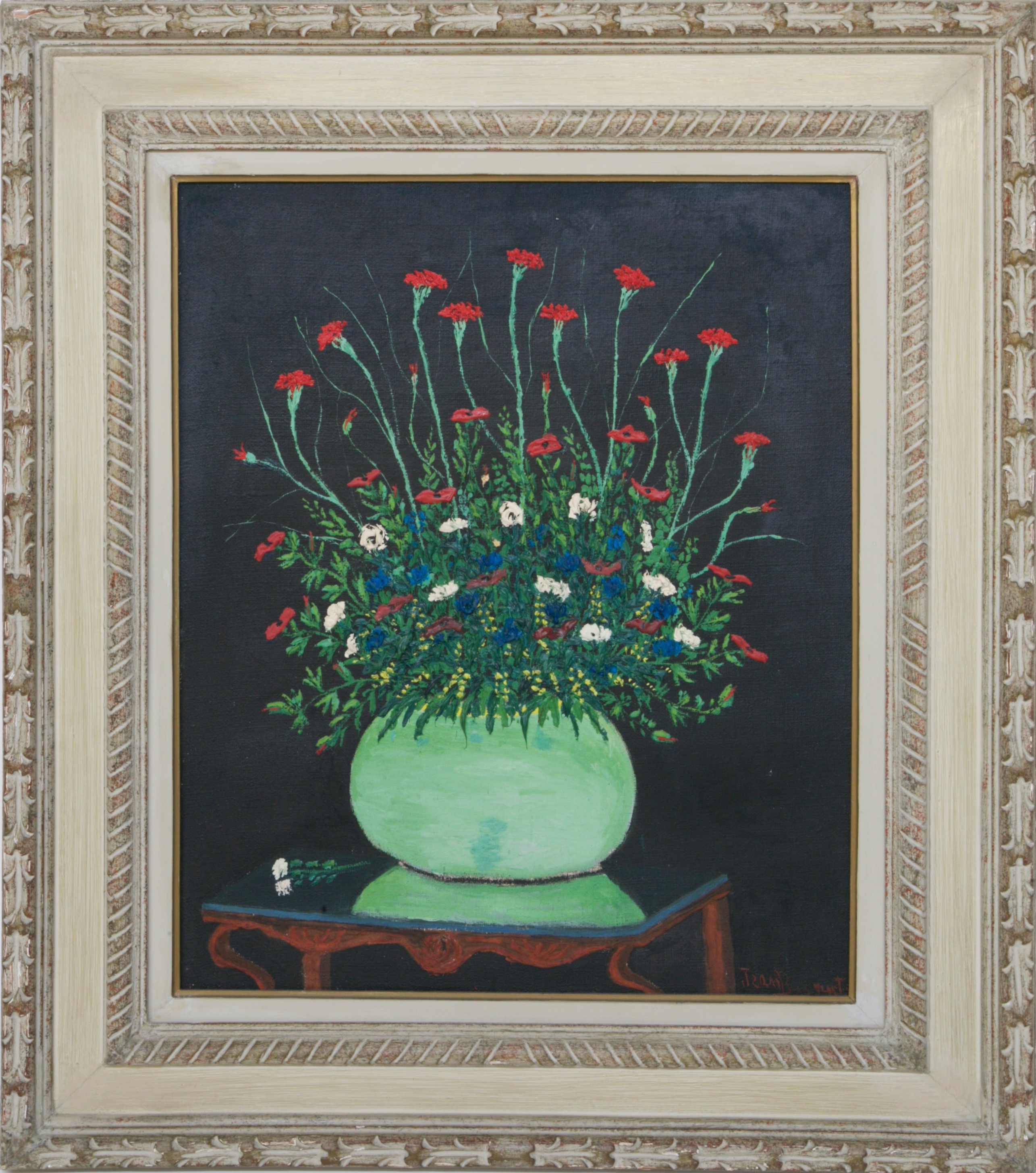 Jean Busquets - Jean Busquets Oil on Canvas "Red Dianthus in Green Bowl ...