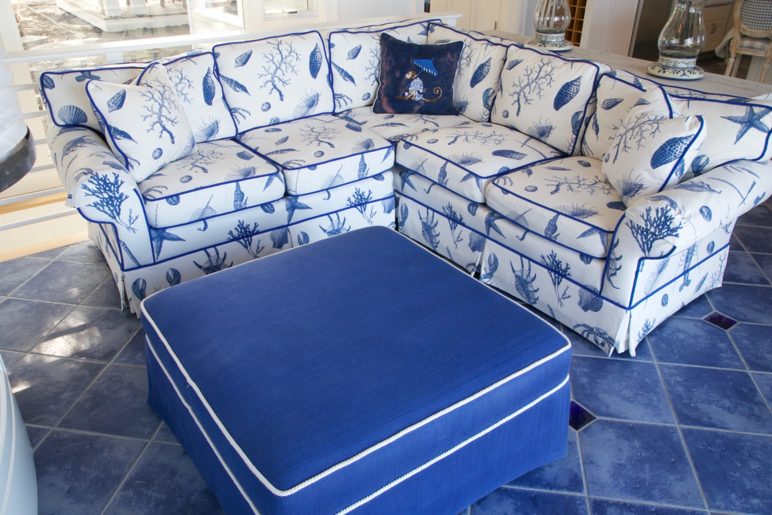 Seashell Upholstered Sectional - Blue and White Seashell, Coral ...
