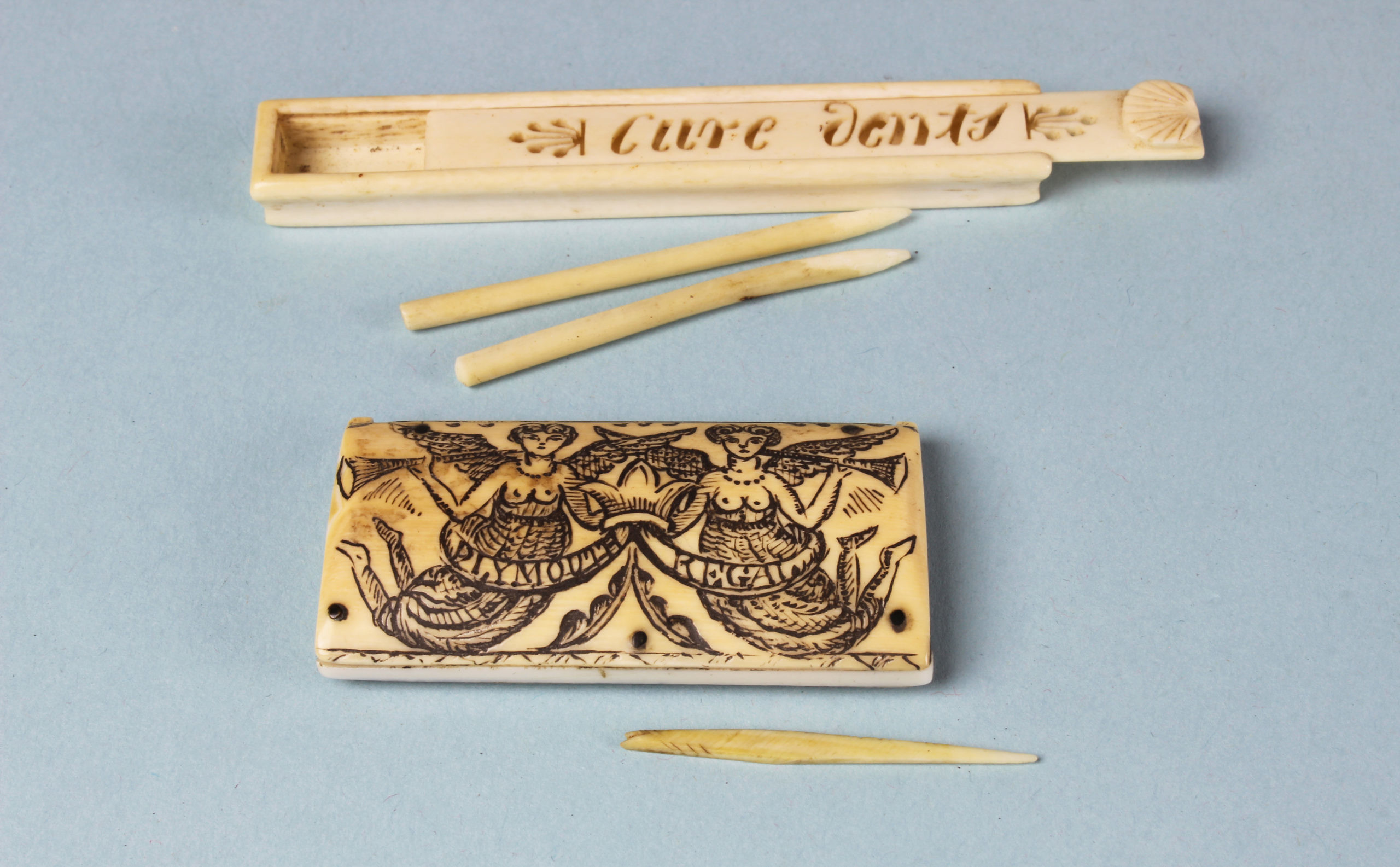 Two Scrimshaw and Carved Ivory Toothpick Boxes - Two Scrimshaw and ...