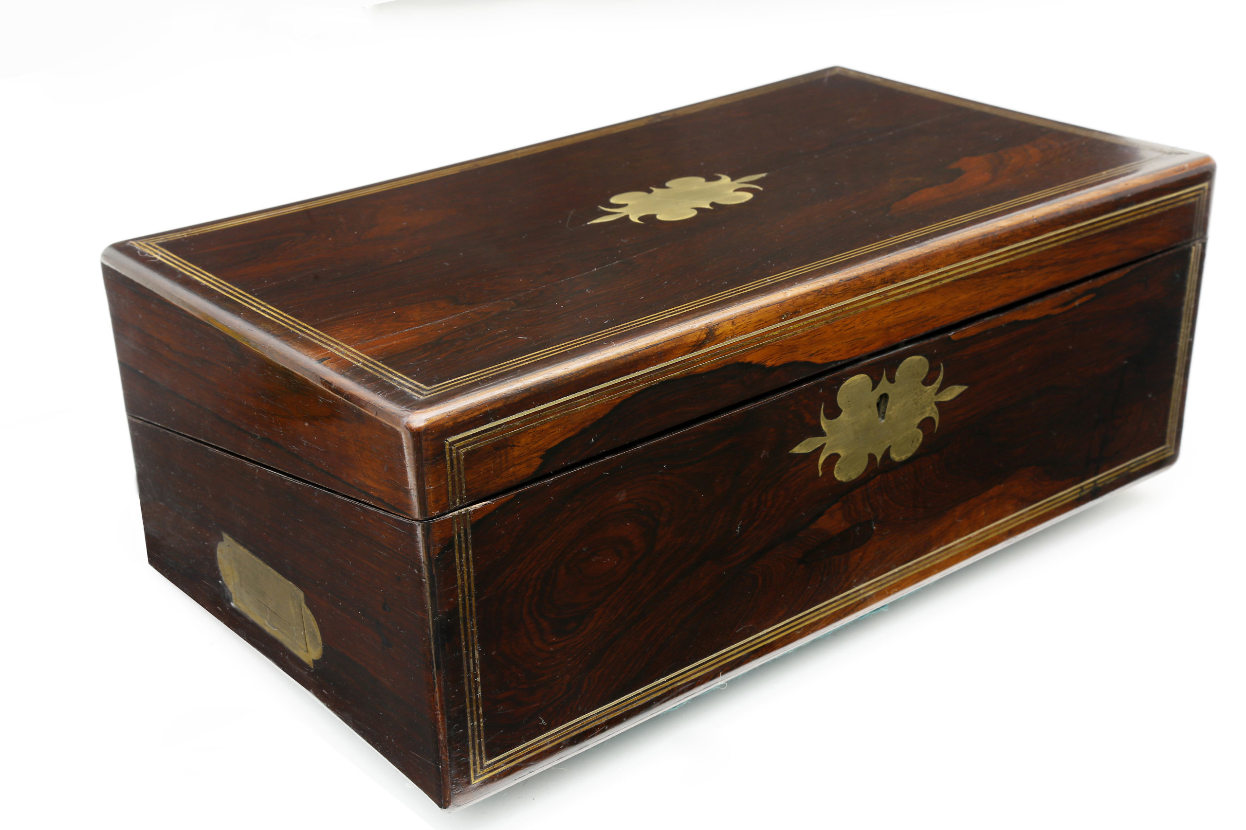 Rosewood and Brass Inlaid Traveling Lap Box - Rosewood and Brass Inlaid ...