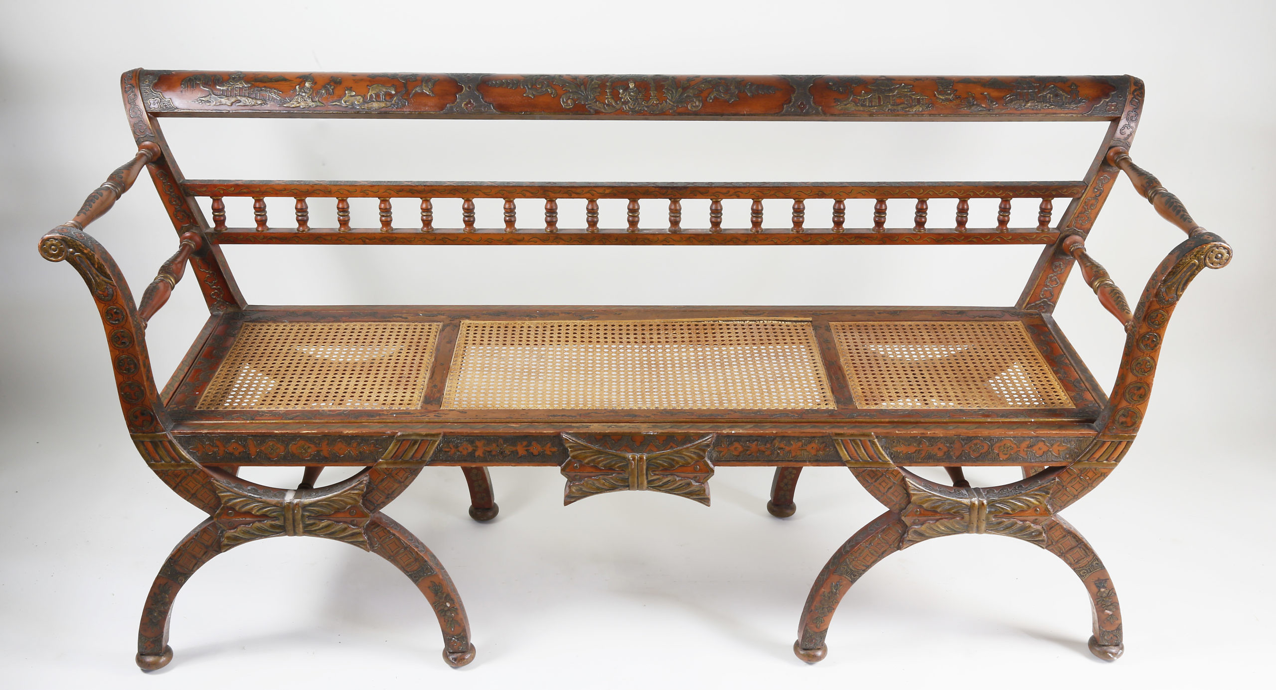 Continental Decorated Caned Seat Double Back Arm Bench - Continental ...