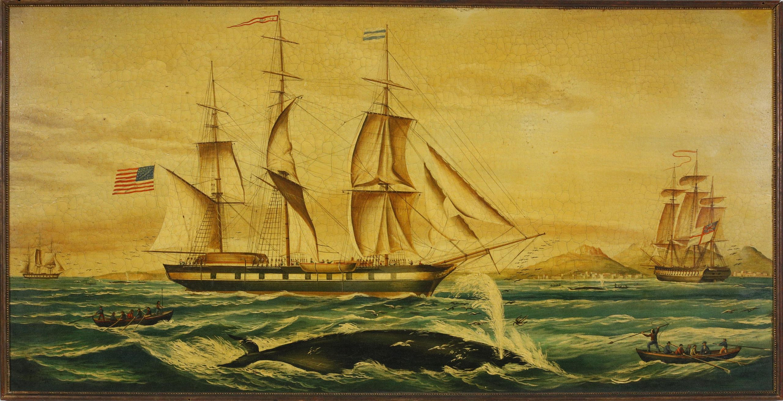 Oil on Panel Whaling Scene - Vintage Oil on Panel Whaling Scene with ...