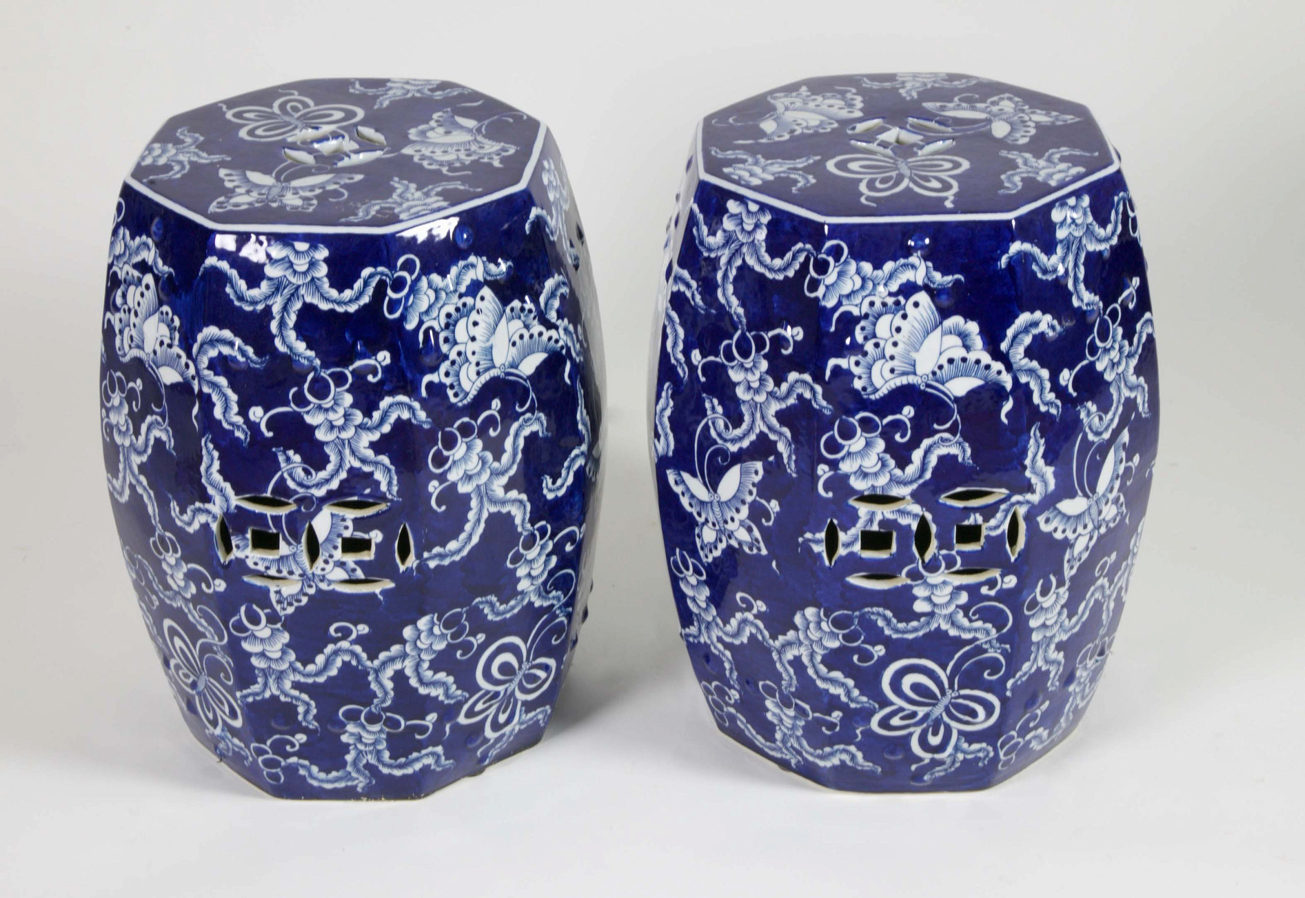 Pair of Blue and White Porcelain Butterfly Octagonal Garden Stools ...