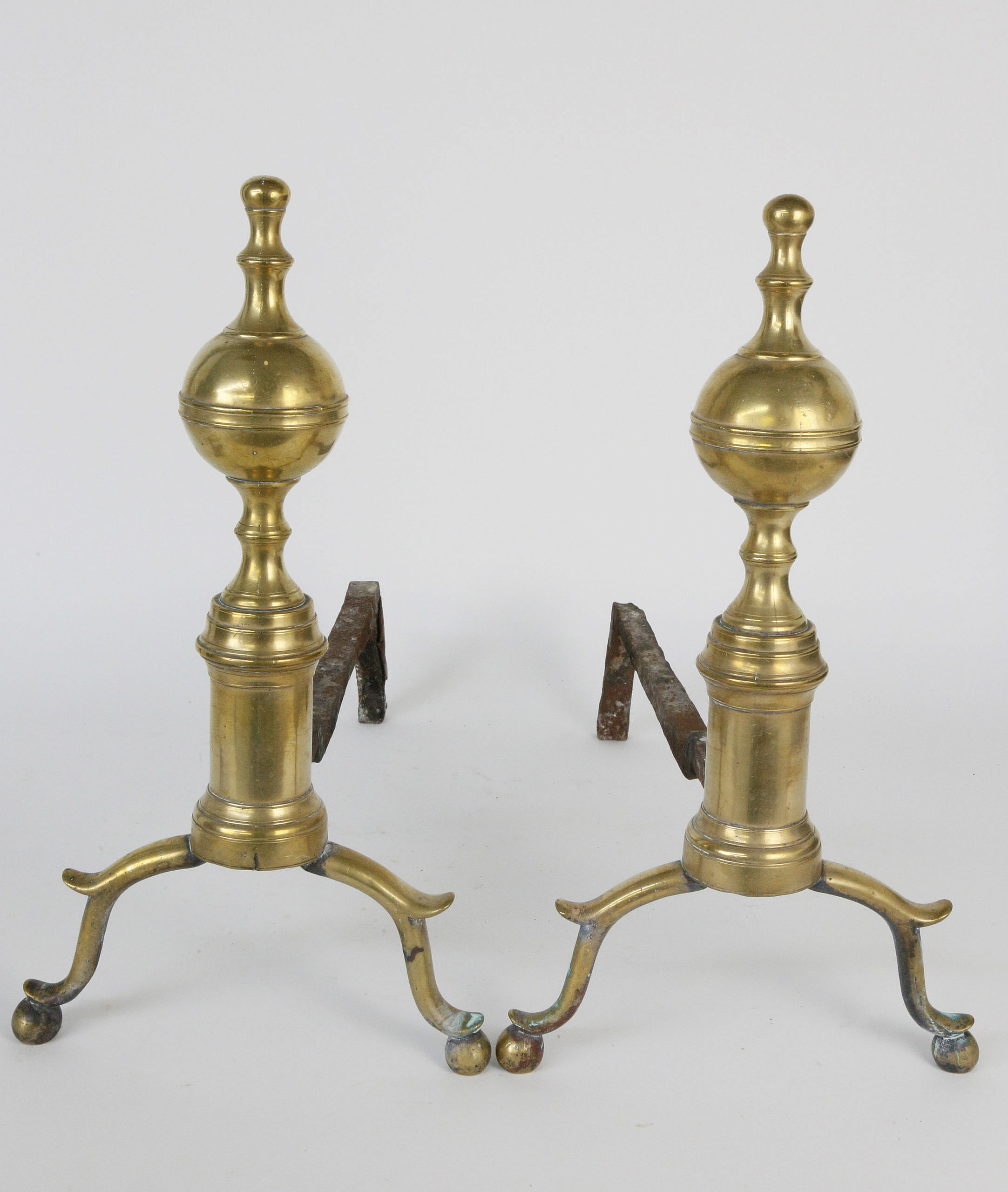New York Brass Andirons 19th Century - Pair of New York Brass Ball and ...