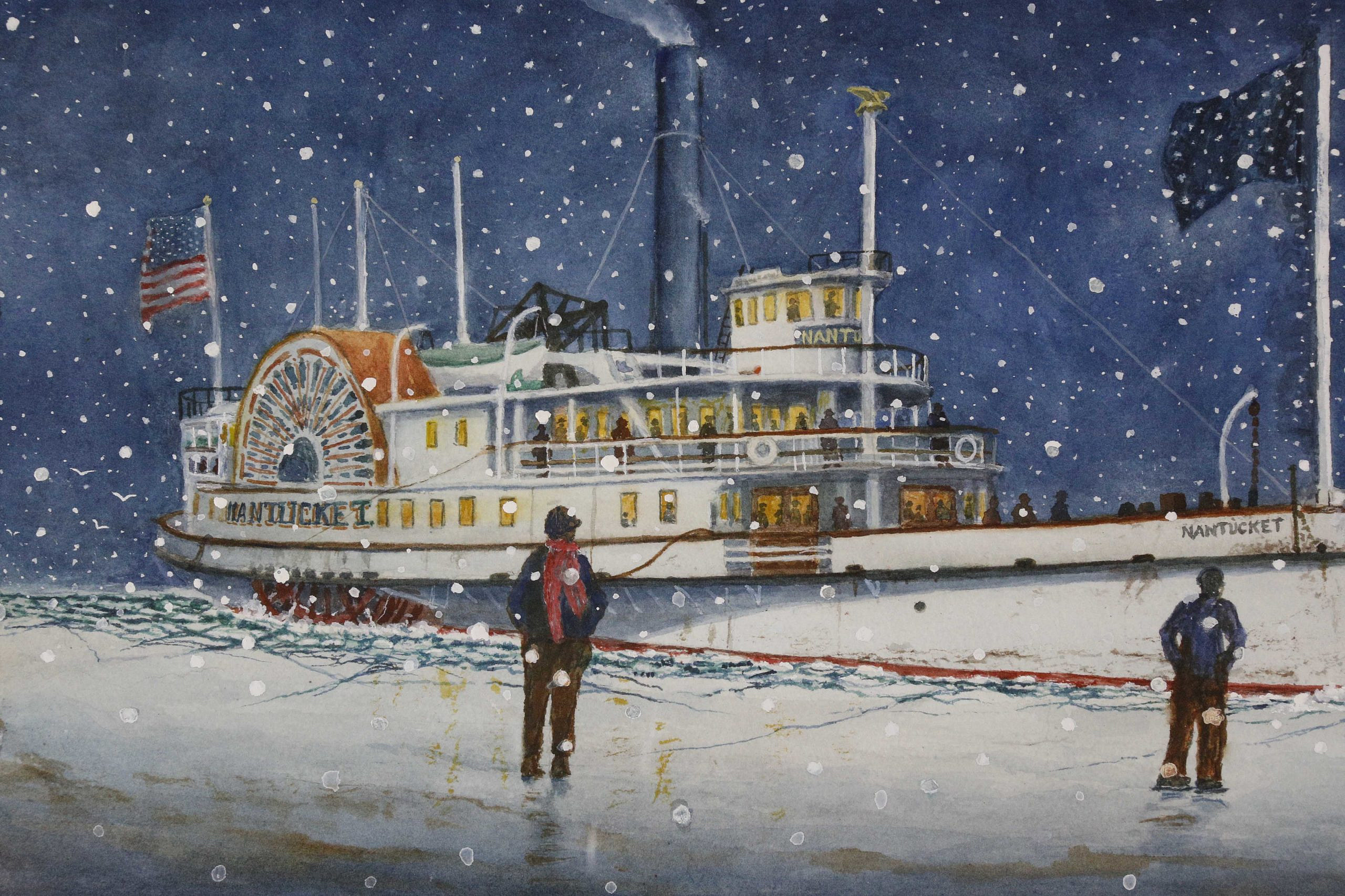 2-4837 John Hutchinson "Nantucket Sidewheeler Rounding an Icy and Snowy ...