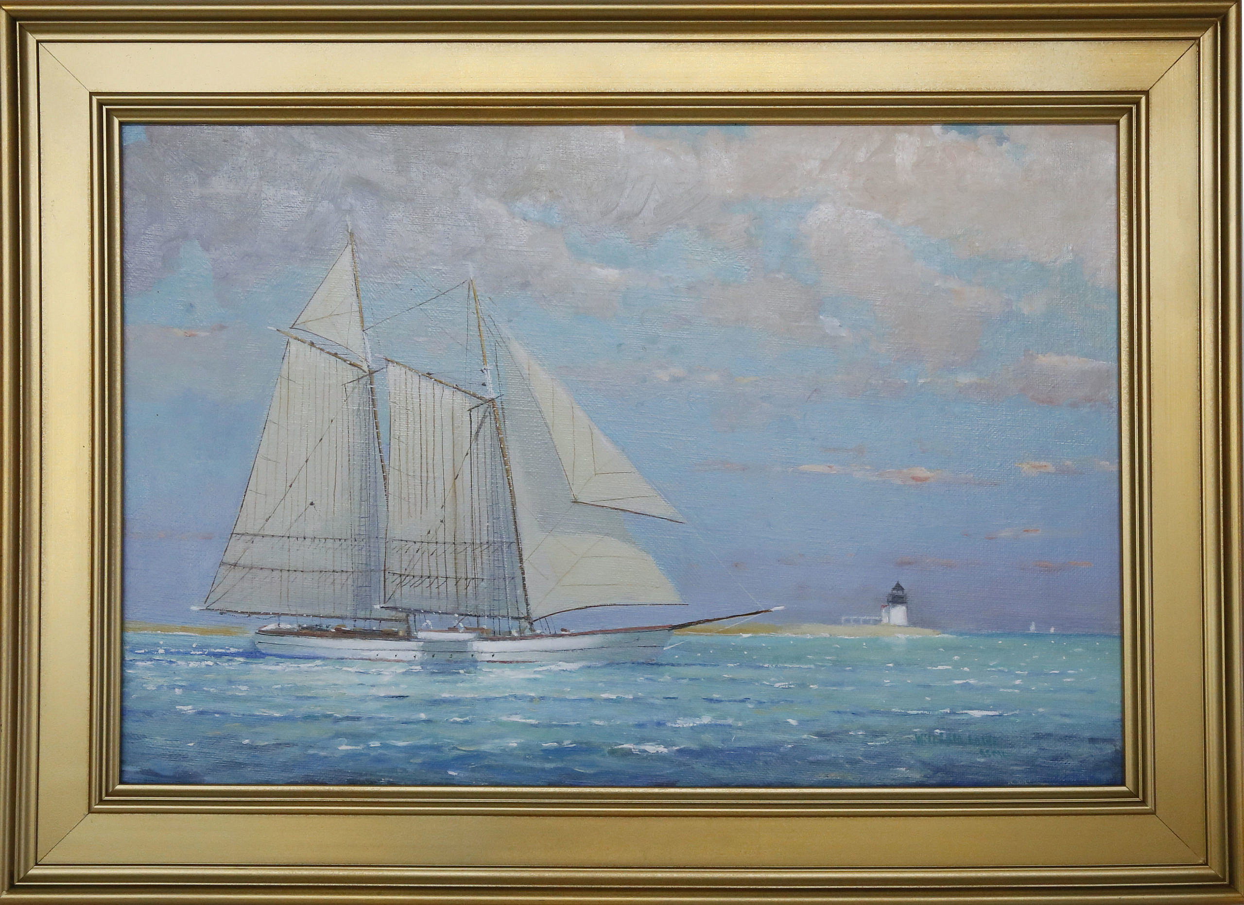 William Lowe (b. 1940) Oil on Canvas "Brant Point Lighthouse Schooner ...