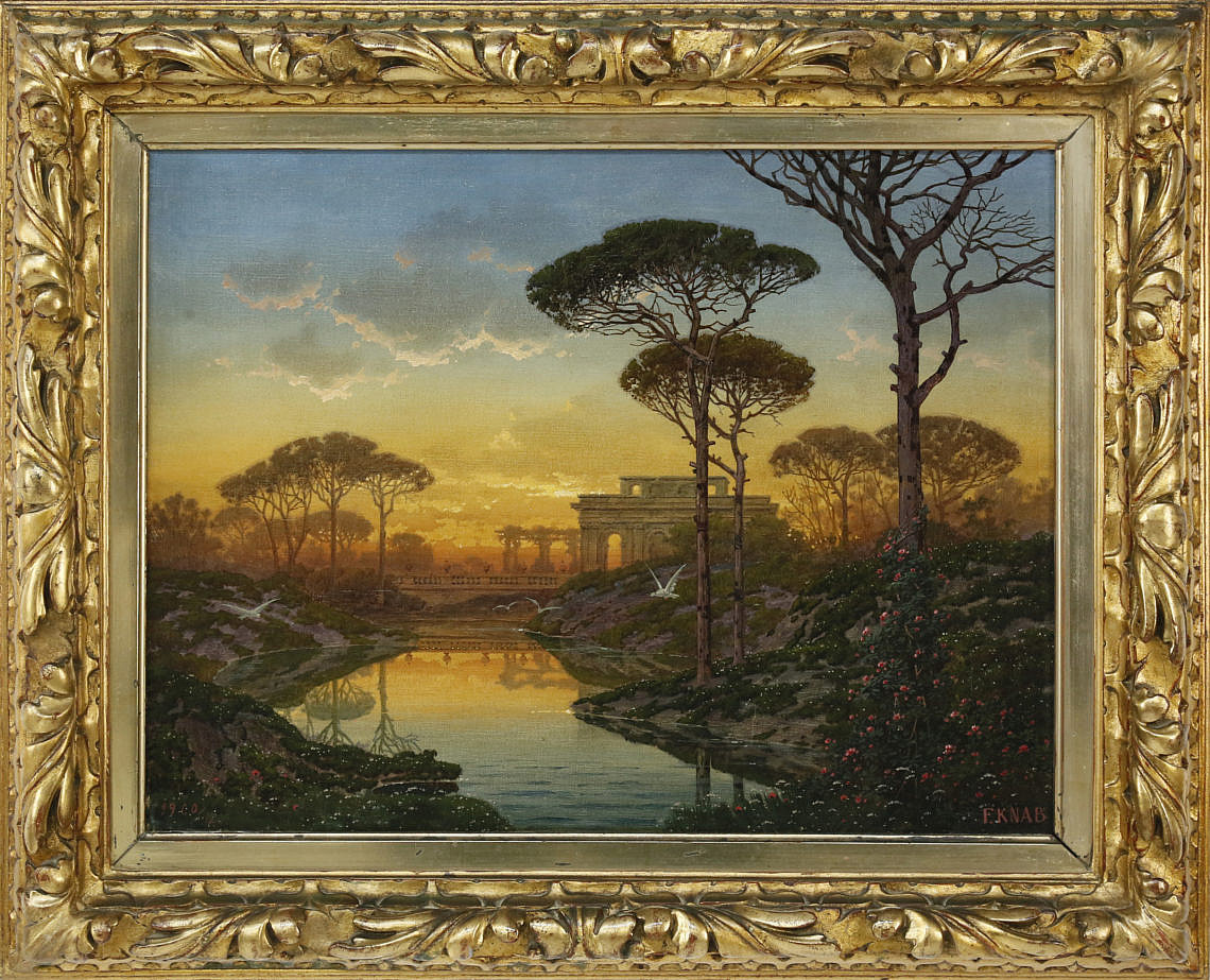 Ferdinand Knab Oil on Canvas “Tranquil Evening Riverside Landscape ...