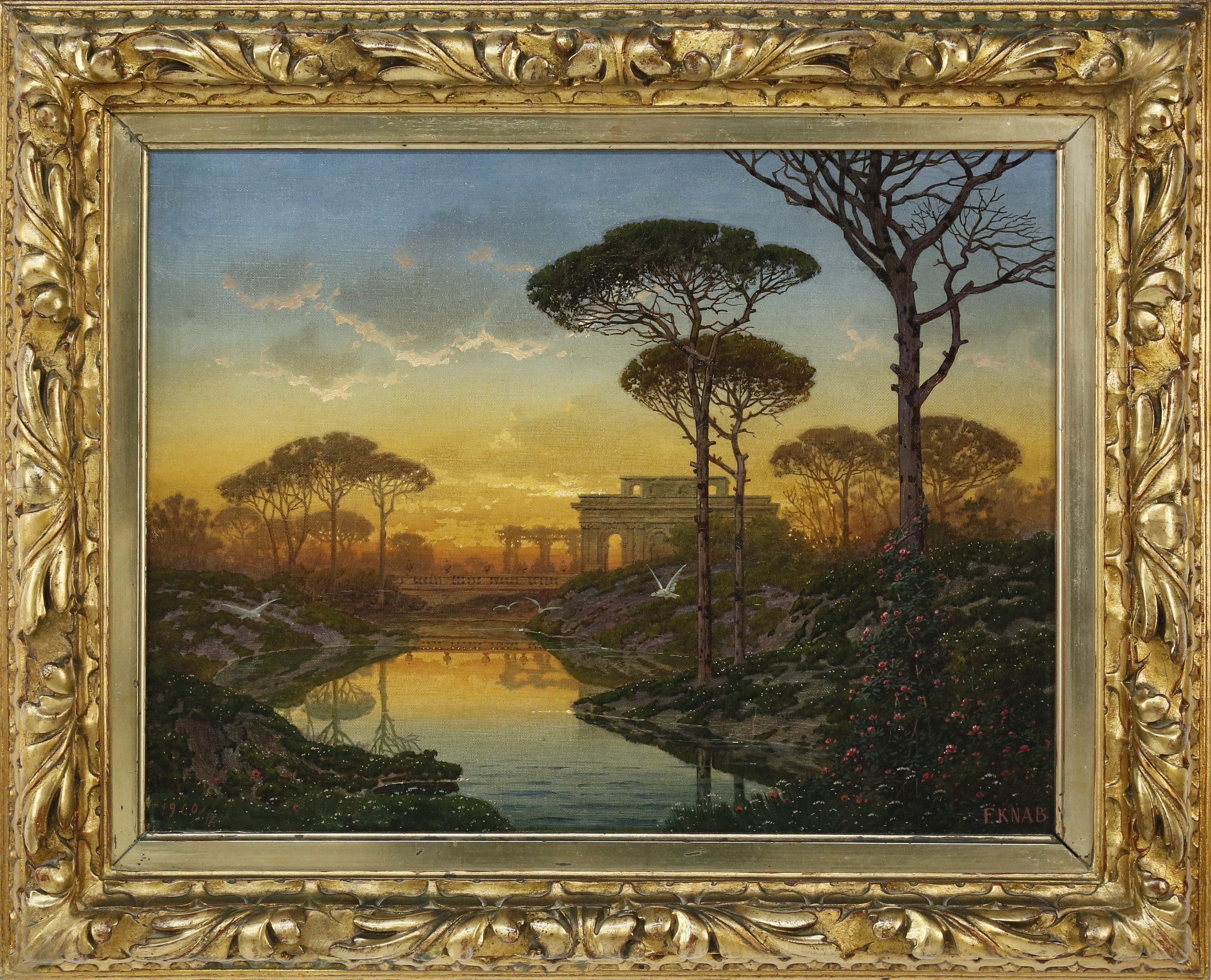 Ferdinand Knab Oil on Canvas “Tranquil Evening Riverside Landscape ...