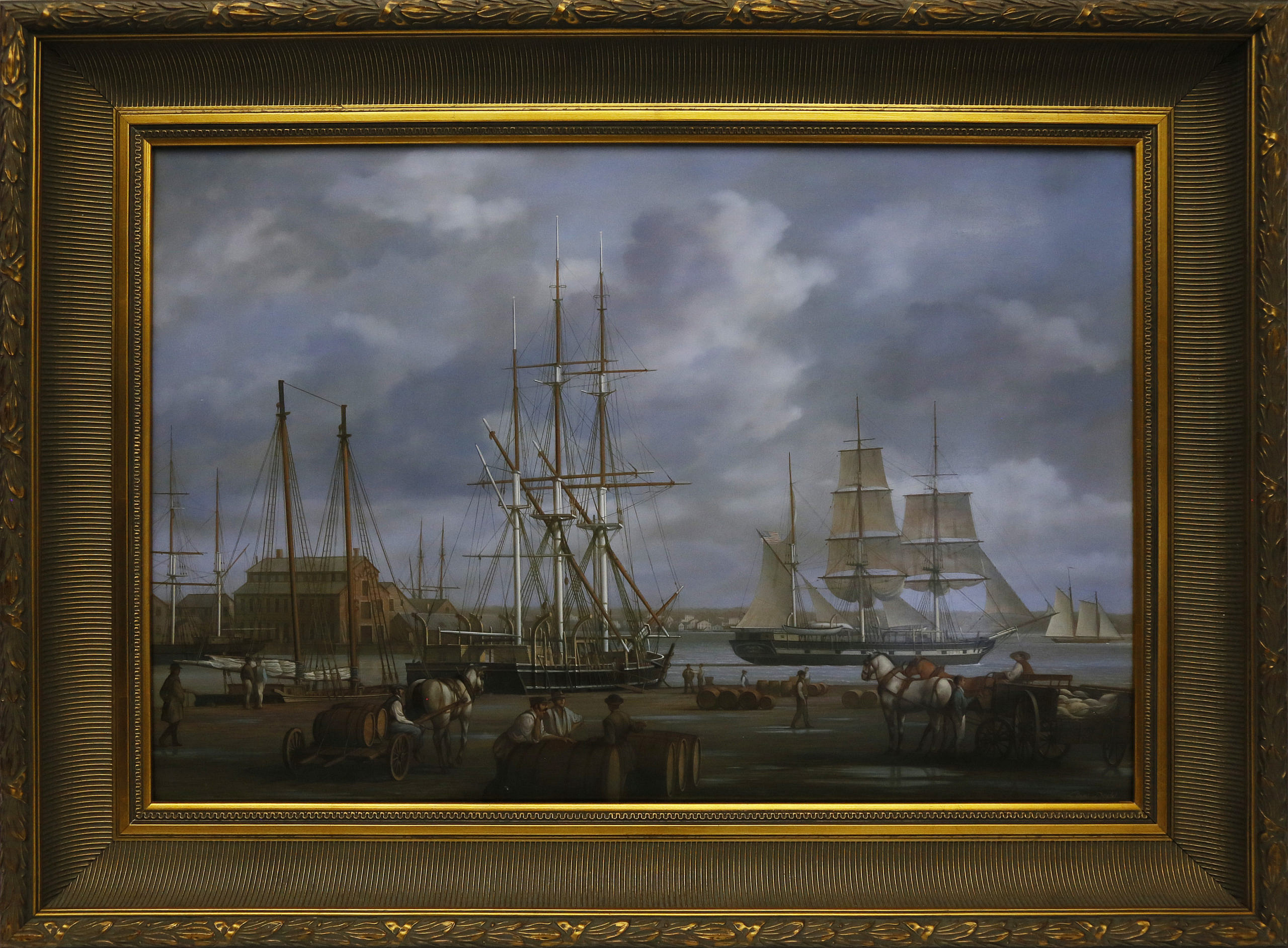 Louis Dodd Oil on Panel “American Active Commercial Dock Scene” 20th ...