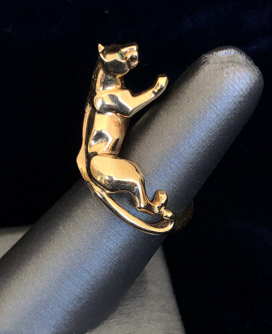 Cartier 18K Yellow Gold Leopard Ring with Emerald Eyes Stamped Cartier ...