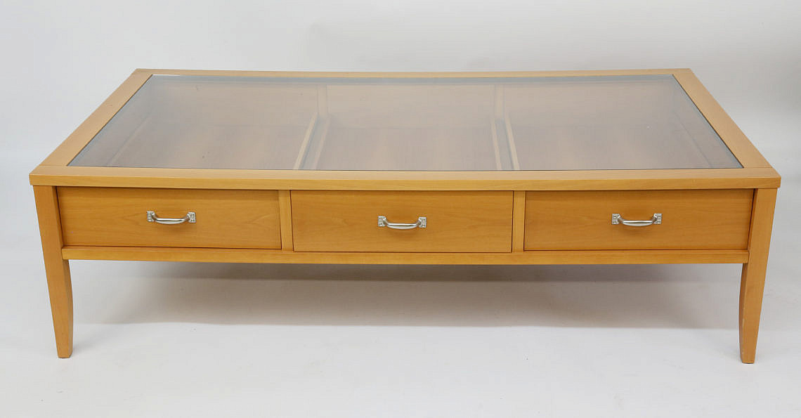 Contemporary Three Drawer Glass Top Coffee Table Display Case ...