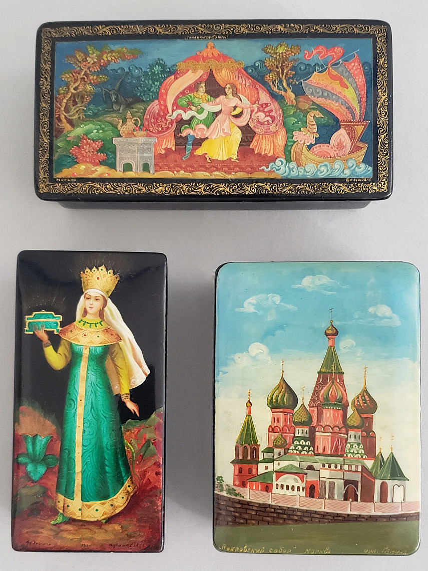 Russian Painted Lacquered Boxes - Three Russian Hand Painted Lacquered ...