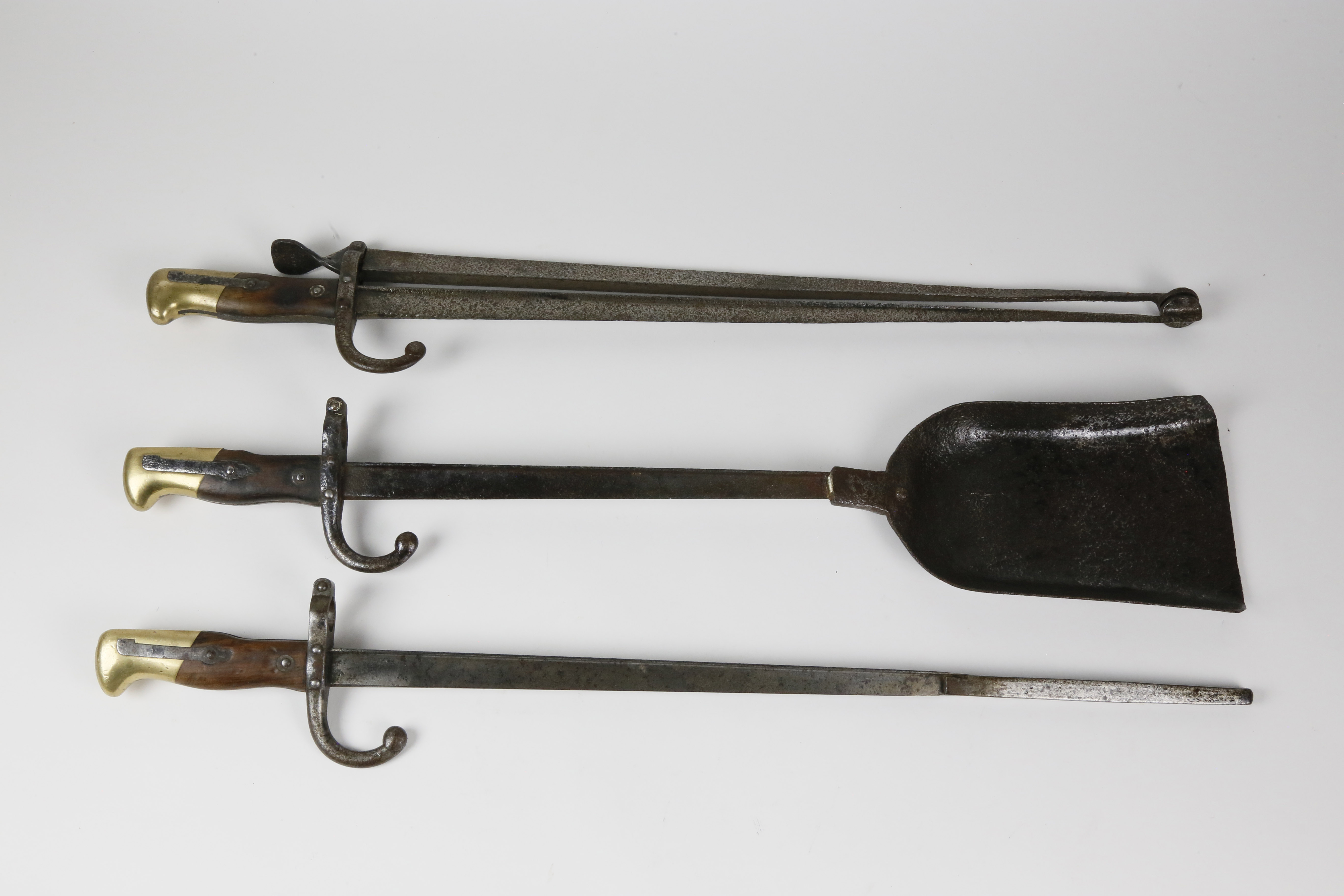 Set of Three French Walnut Forged Steel and Brass Bayonet Fire Tools ...