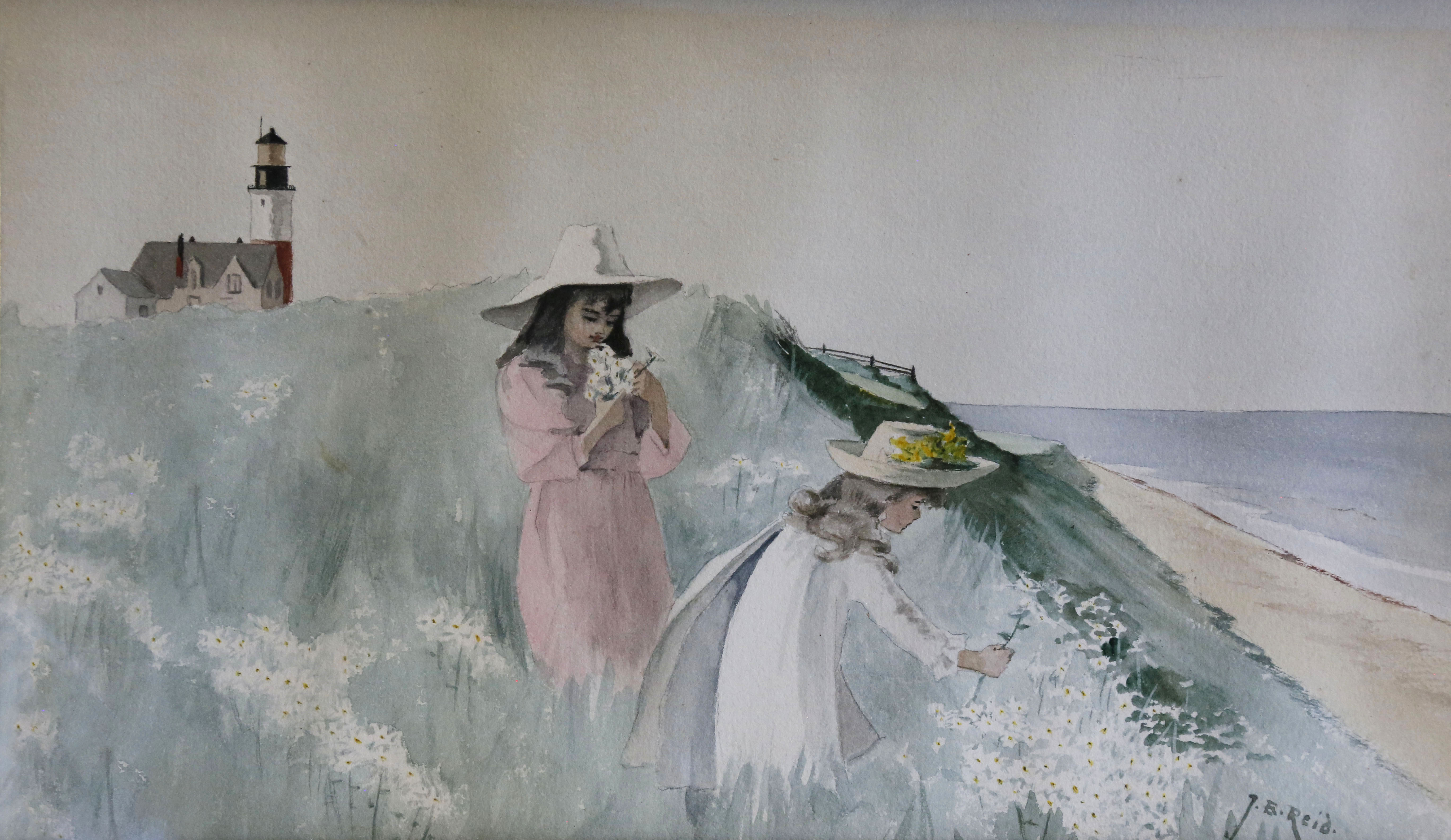 Jane Brewster Reid Watercolor on Paper "Two Young Girls Gathering ...