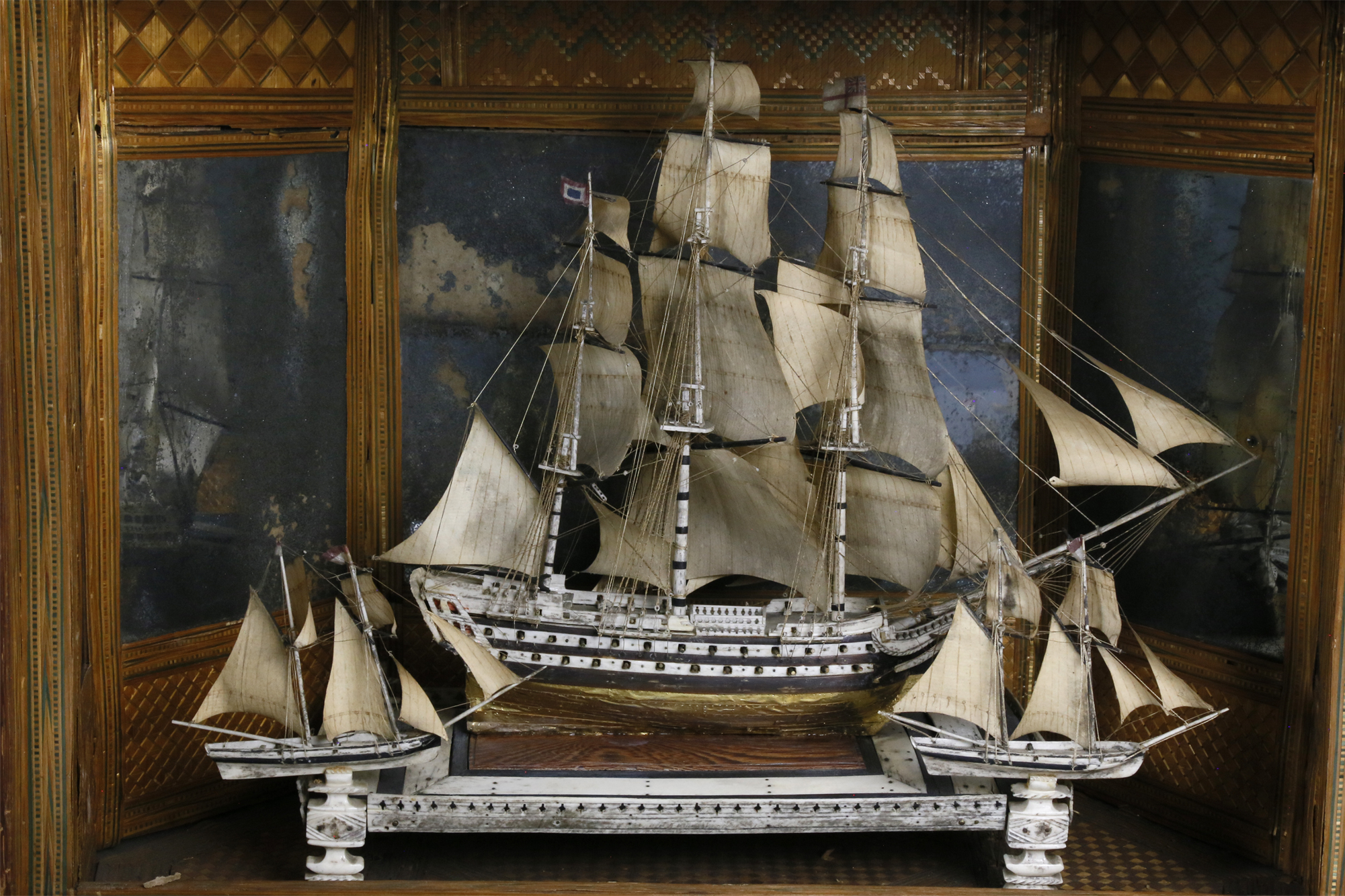 French Prisoner of War Bone Ship Model in a Straw Marquetry and ...