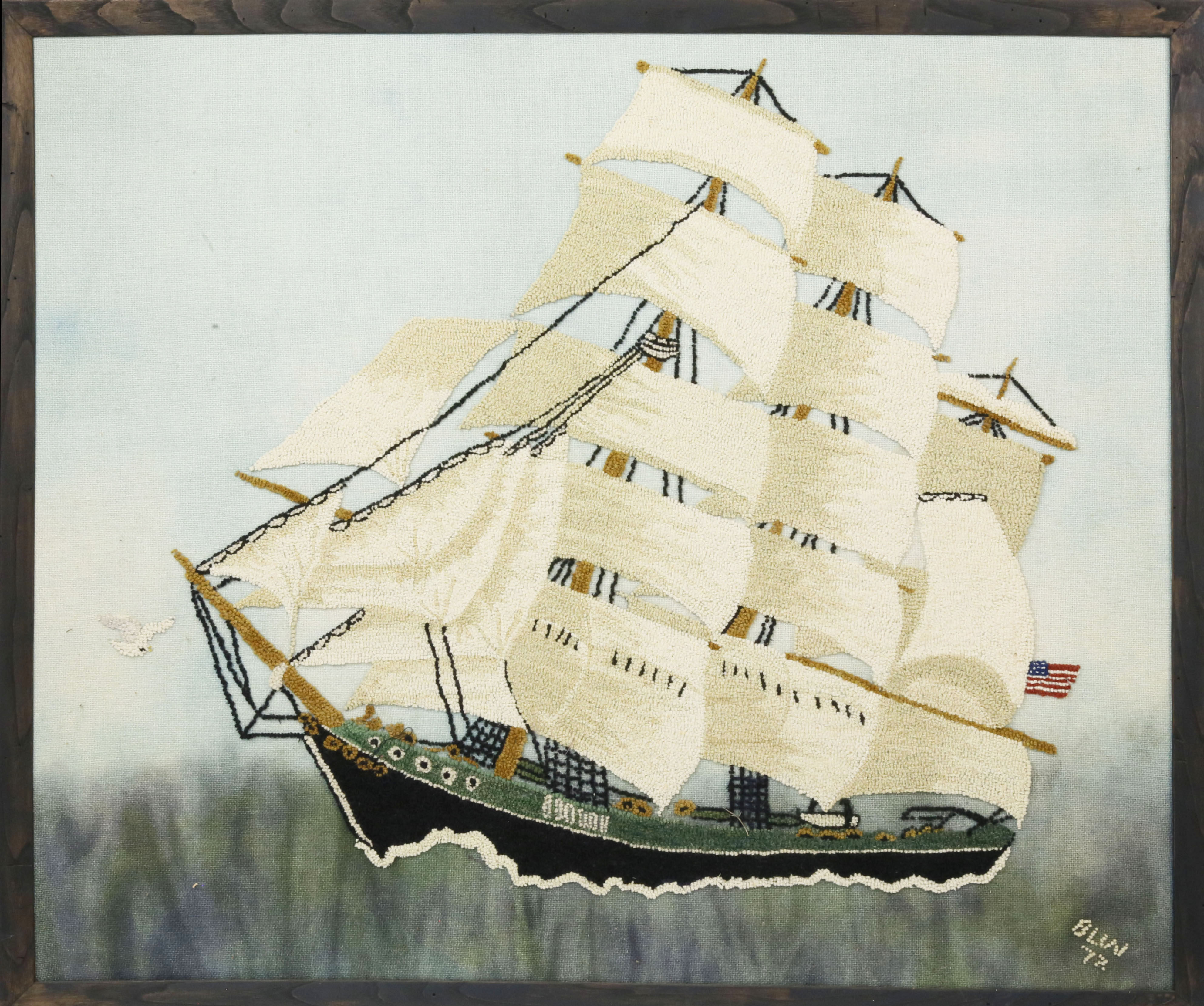 Vintage Hooked Rug Portrait of a Three Masted American Ship at Full ...