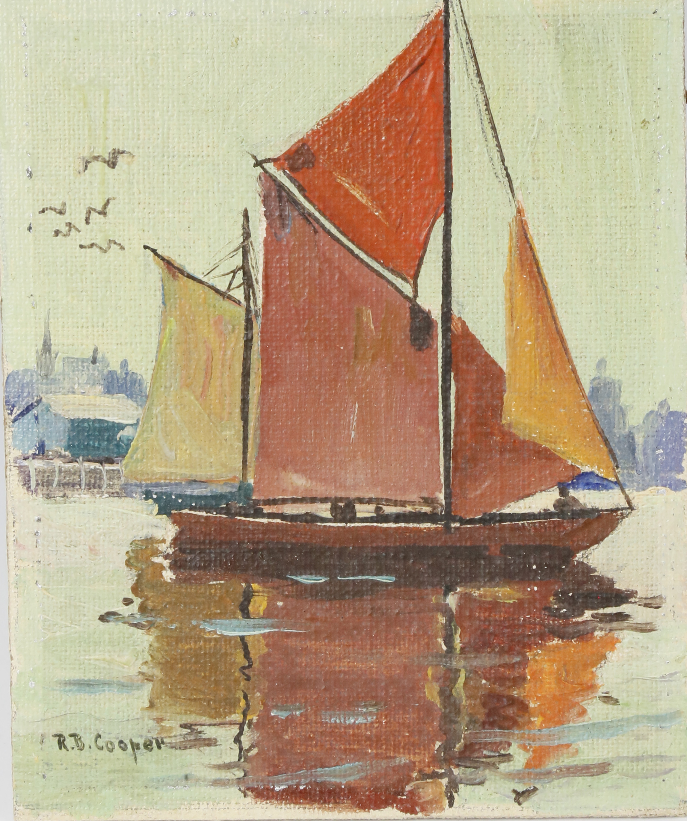 R. B. Cooper Oil on Canvasboard Gaff Rigged Ketch - R. B. Cooper, Oil ...