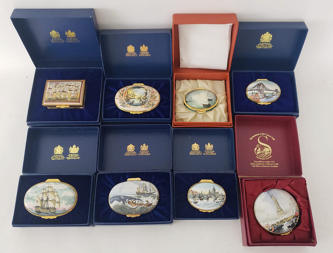 Staffordshire Halcyon Days Enamel Boxes - Collection of Eight Covered ...