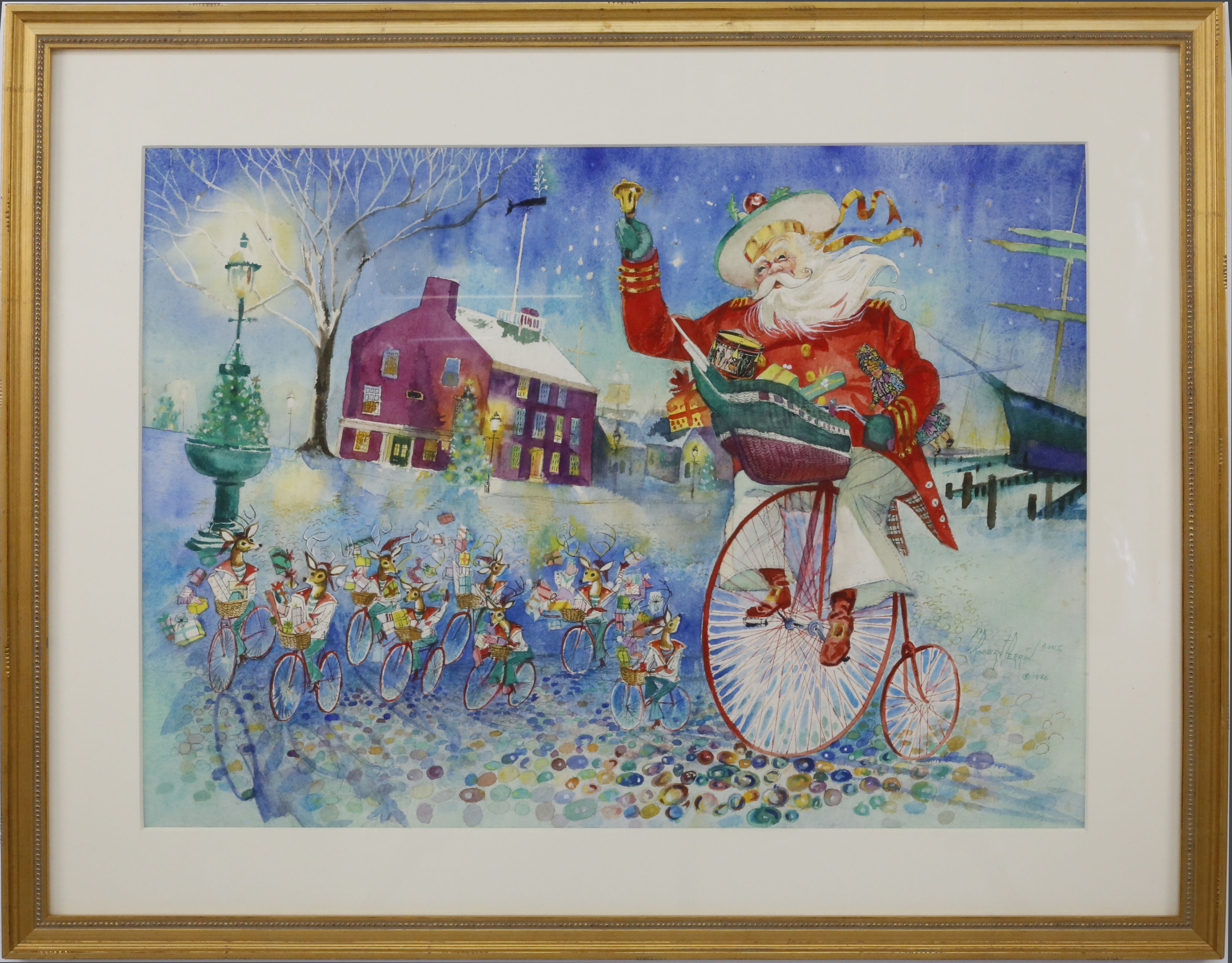 C. Robert Perrin Watercolor on Paper "Santa and His Reindeer on Main ...