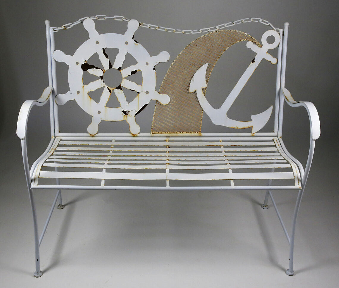 Nautical Ship's Wheel and Anchor Decorated Metal Garden Bench - Vintage ...