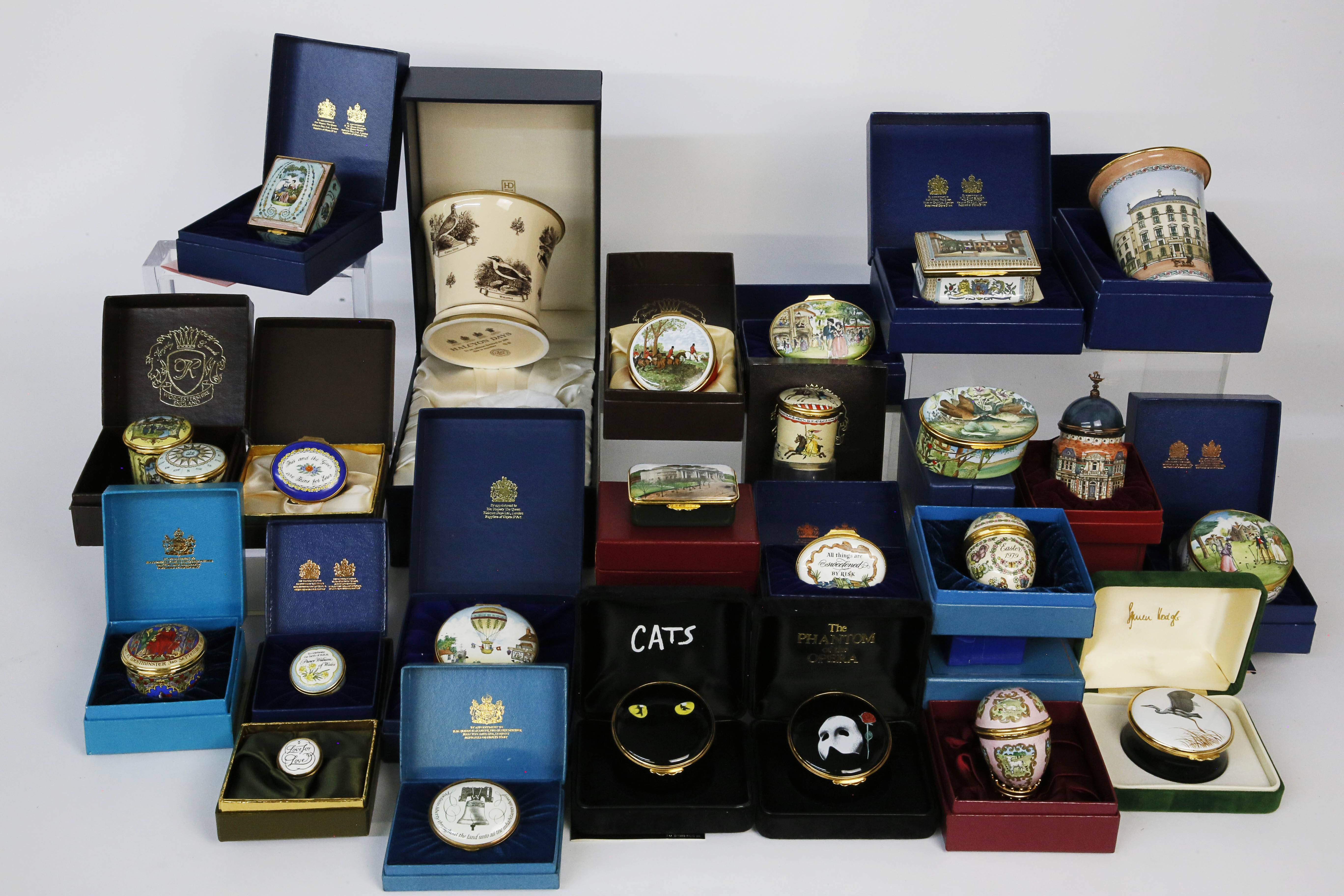 Collection Of 23 Covered Enamel Boxes Also Including Two Beakers ...