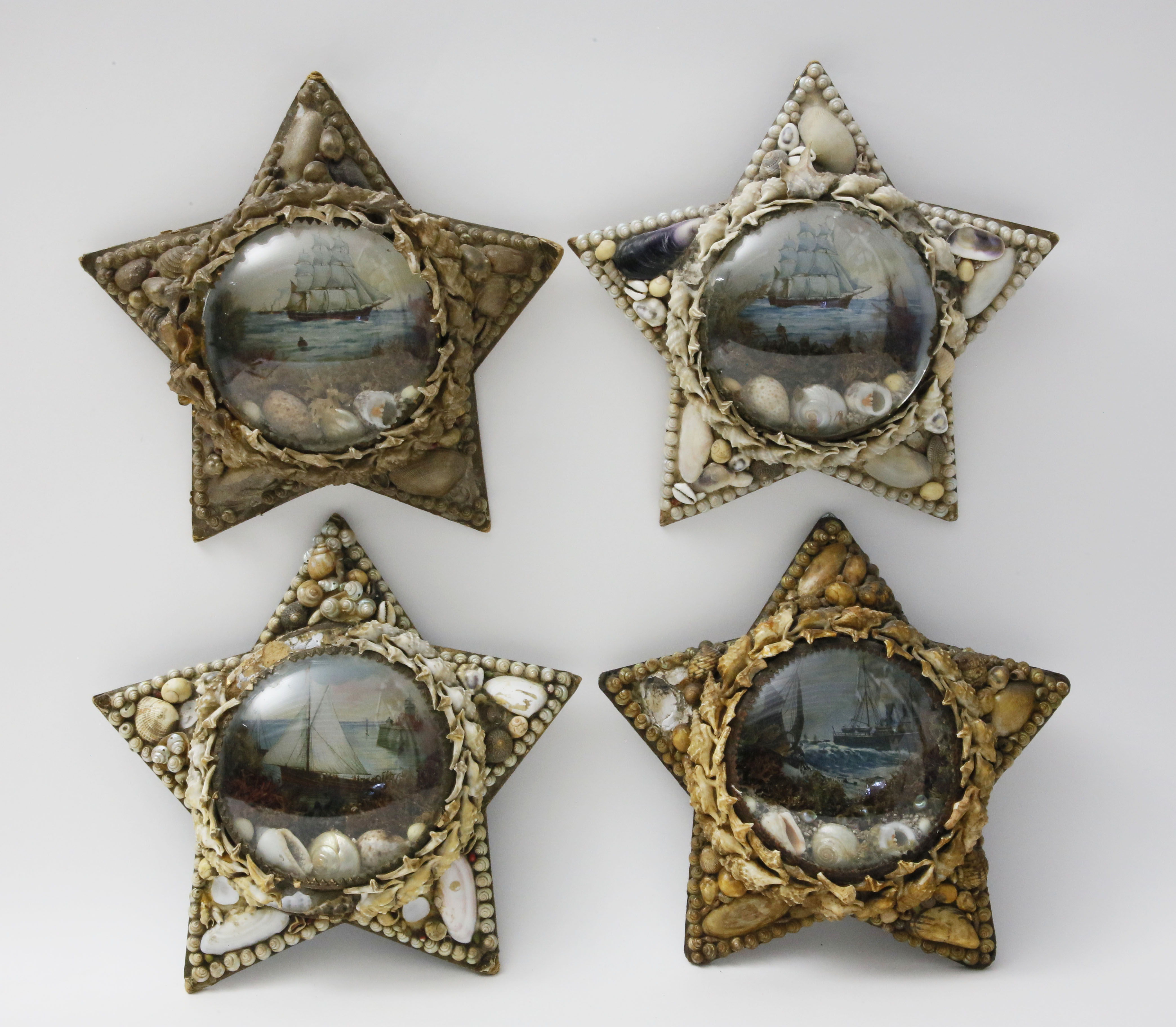 Set of Four Antique Shell Encrusted Star Shaped Pictorials - Set of ...