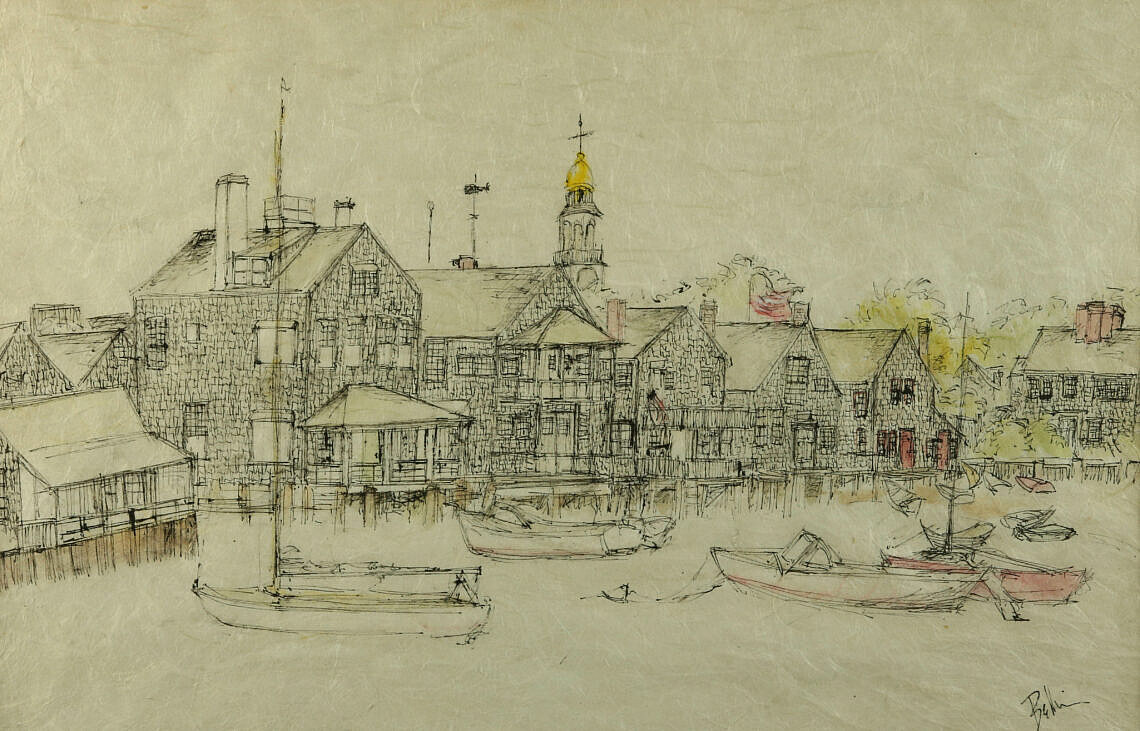 Vintage Nantucket Old North Wharf Drawing - Vintage Nantucket Pen and ...