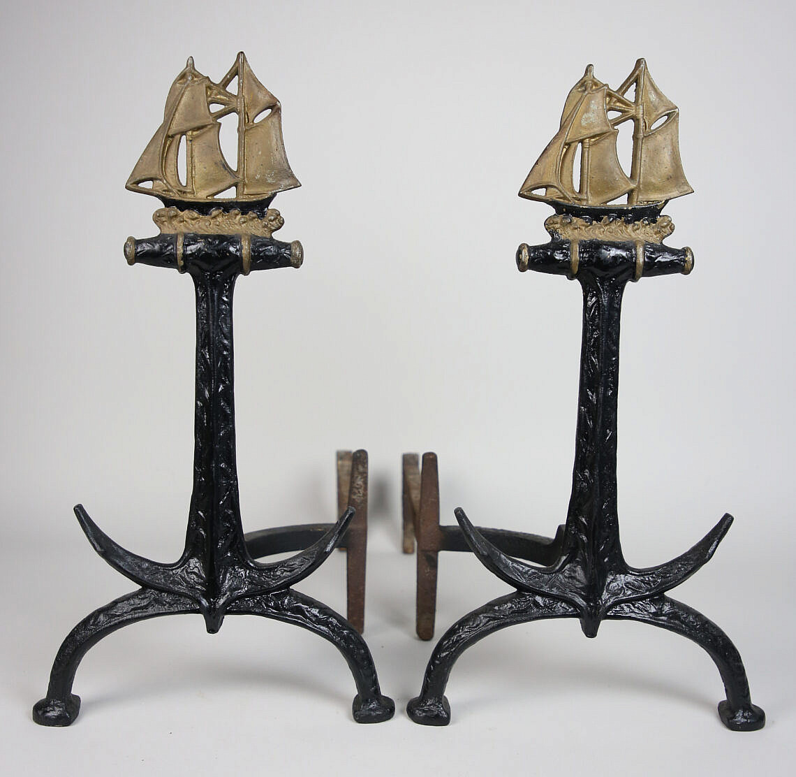 Figural Iron Clipper Ship Anchor Andirons - Pair of Cast Iron Anchor ...
