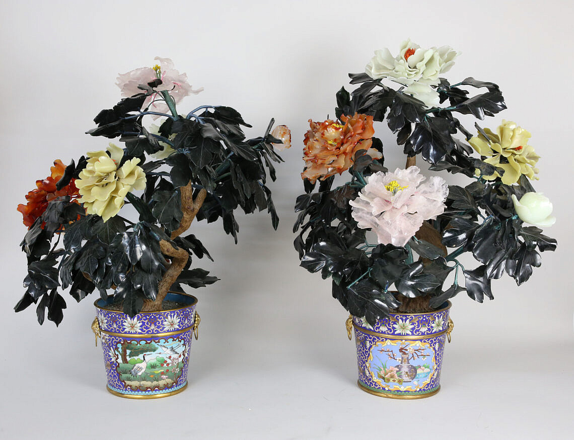 Pair of Chinese Carved Hardstone Flower Trees in Cloisonne Pots - Pair ...