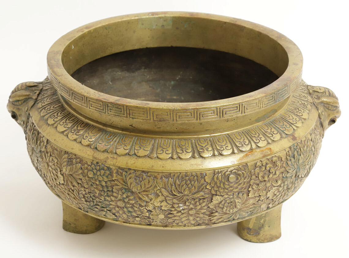 Signed Asian Chased Bronze Cache Pot - Signed Asian Chased Bronze Cache ...