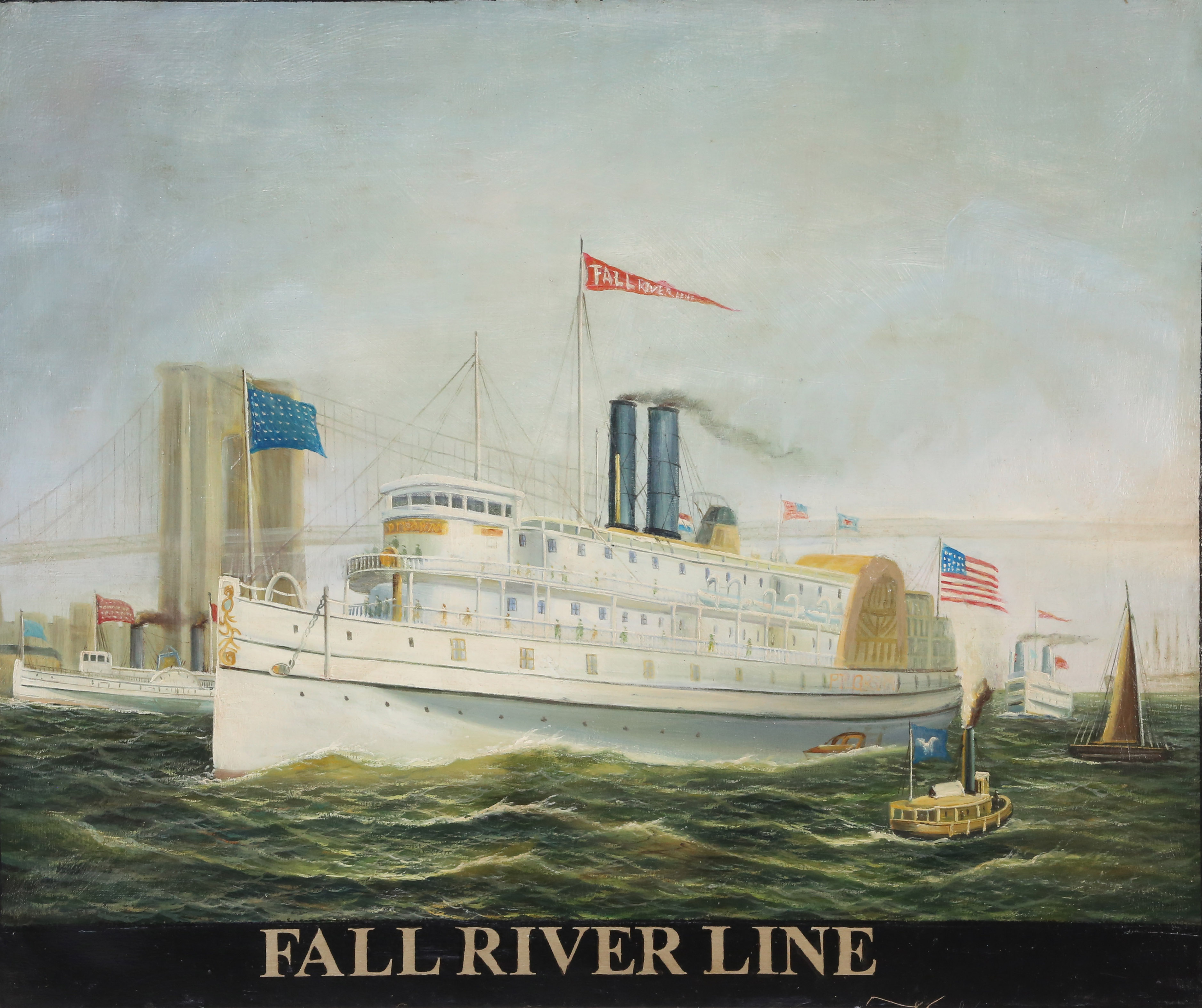 Vintage Fall River Line Oil on Canvas with Brooklyn Bridge in t3000he ...