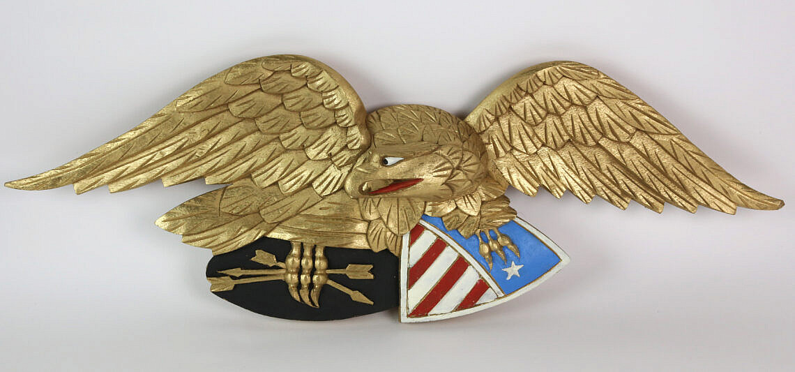Carved Eagle federal shield plaque - Carved Polychrome Wood Spread ...