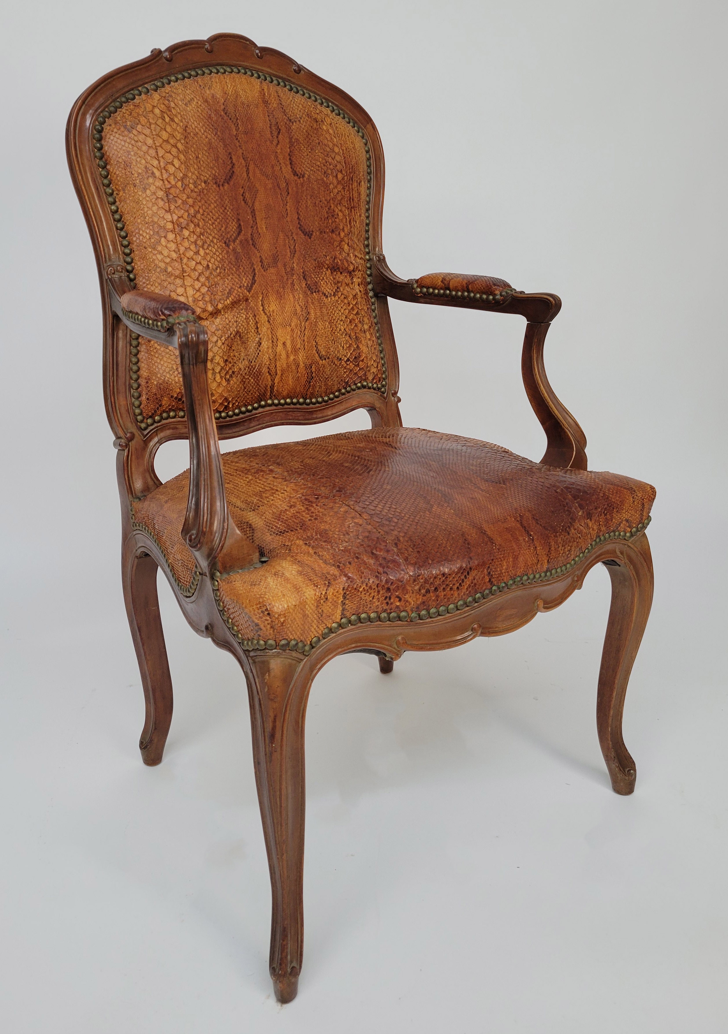 Snakeskin Upholstered Walnut Armchair - Antique French Exotic Anaconda ...