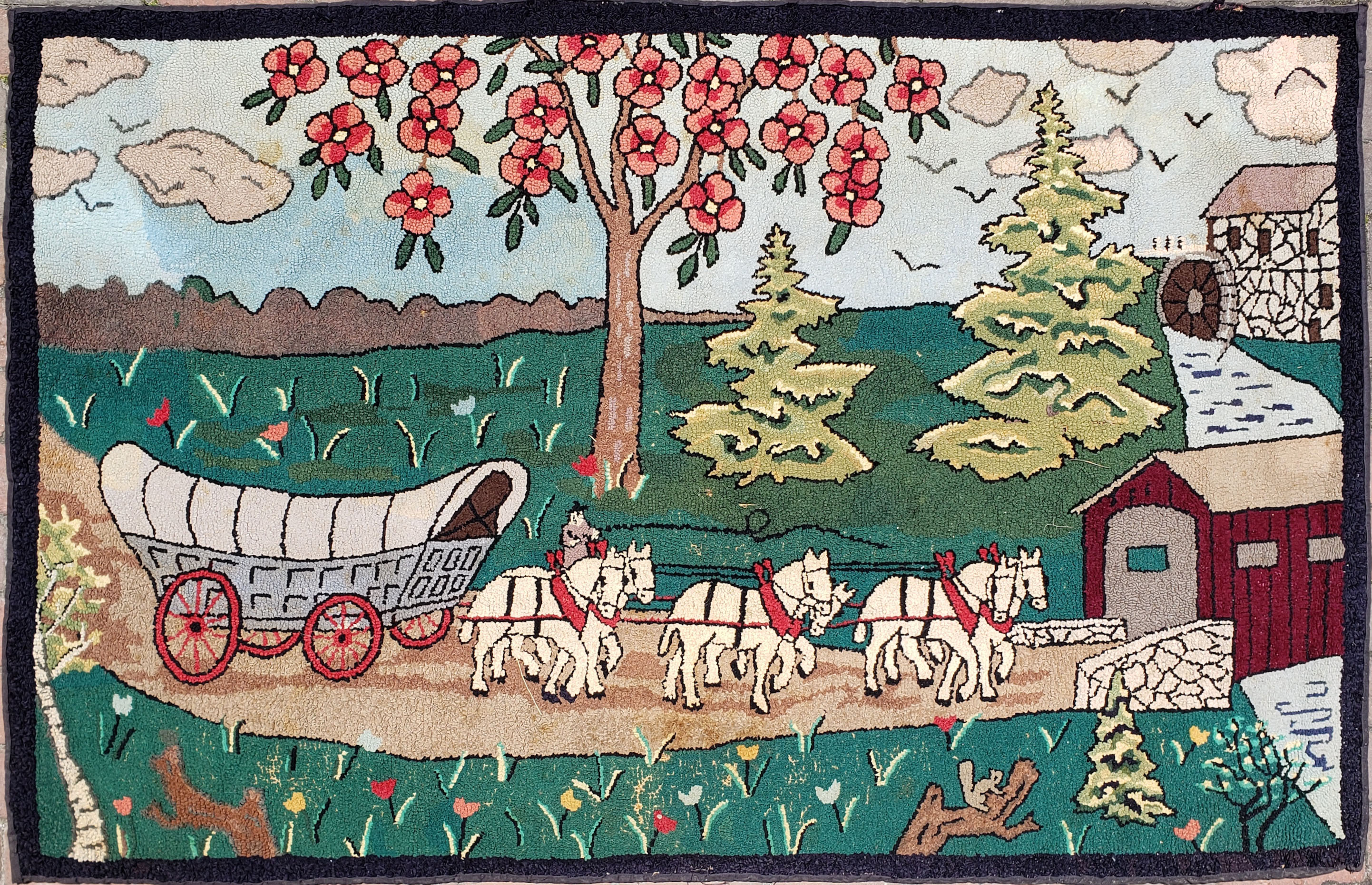 Antique 19th Century Pictorial Hooked Rug - Vintage American Pictorial ...