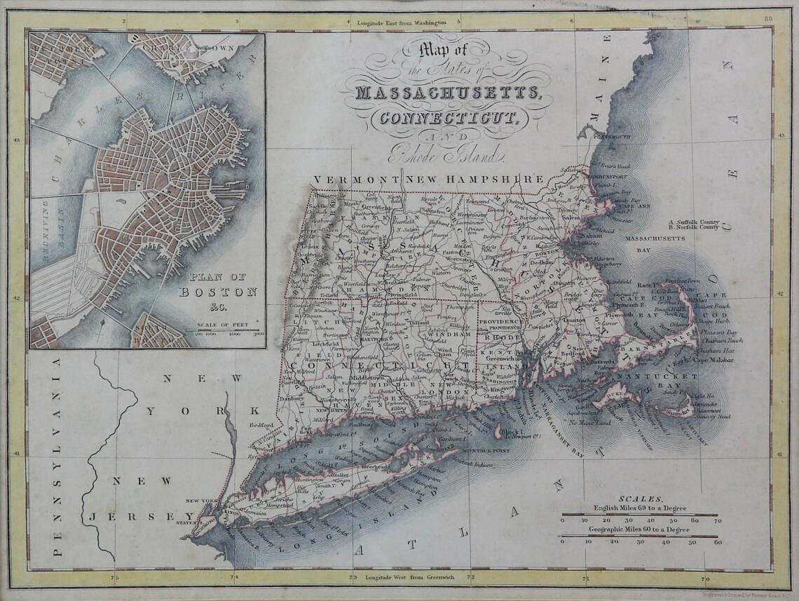 Antique Map Of The States Massachusetts Connecticut And Rhode Island ...