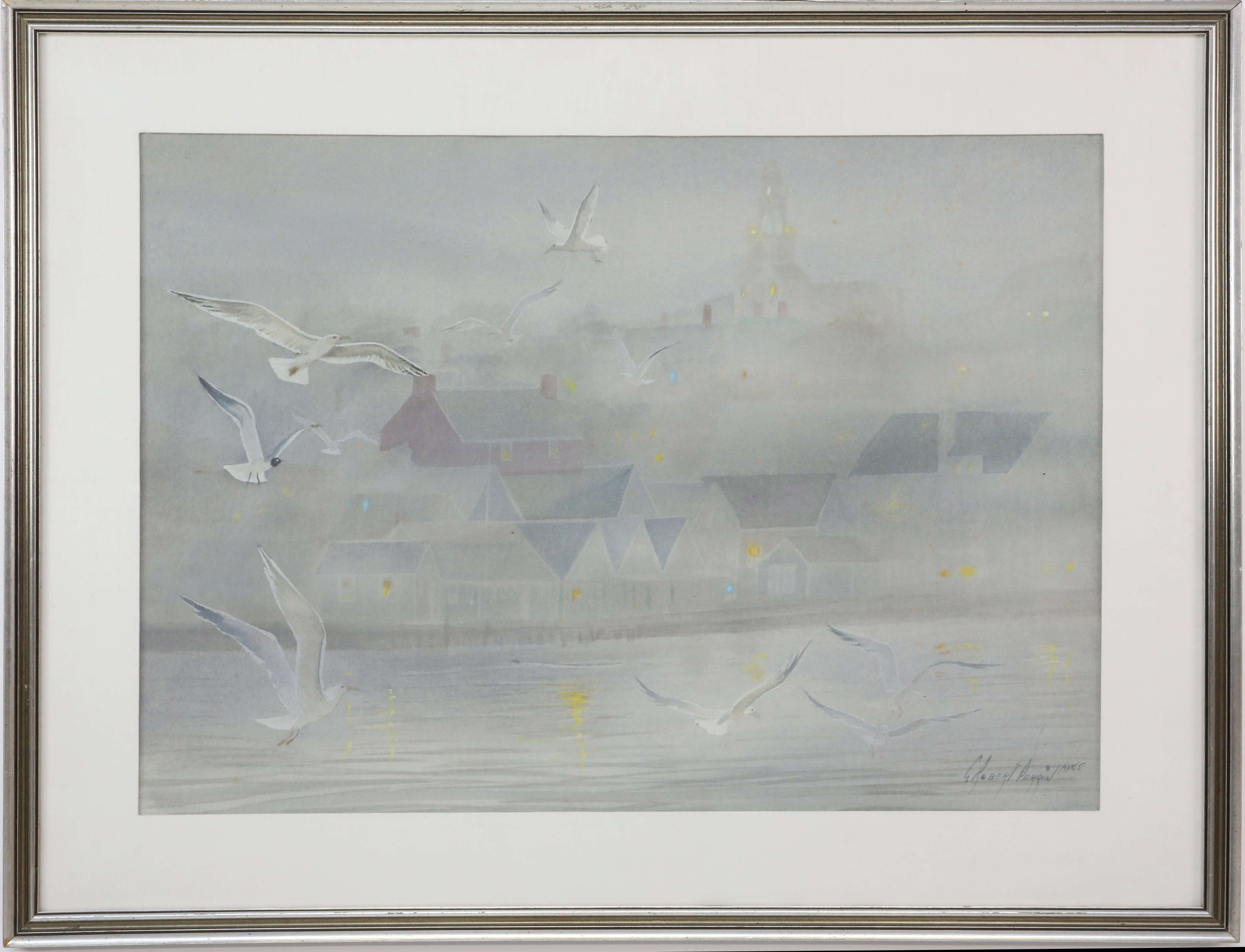 Robert Perrin Watercolor on Paper "Seagulls in Flight in Foggy ...